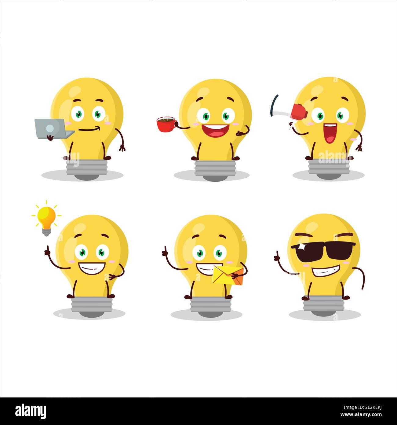 Bulb lamp cartoon character with various types of business emoticons ...
