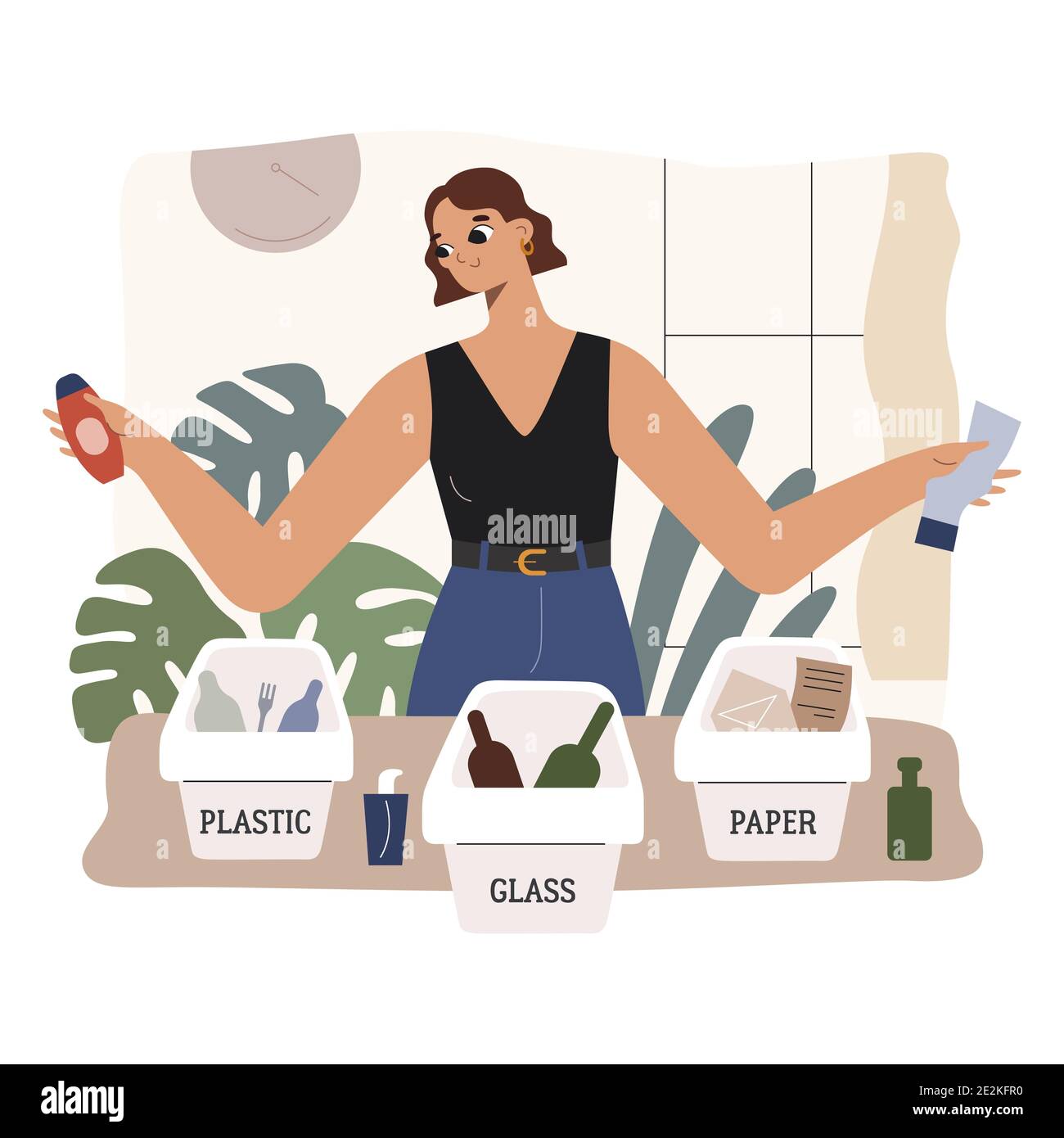 Young woman sorting garbage at home for recycling, separating plastic ...