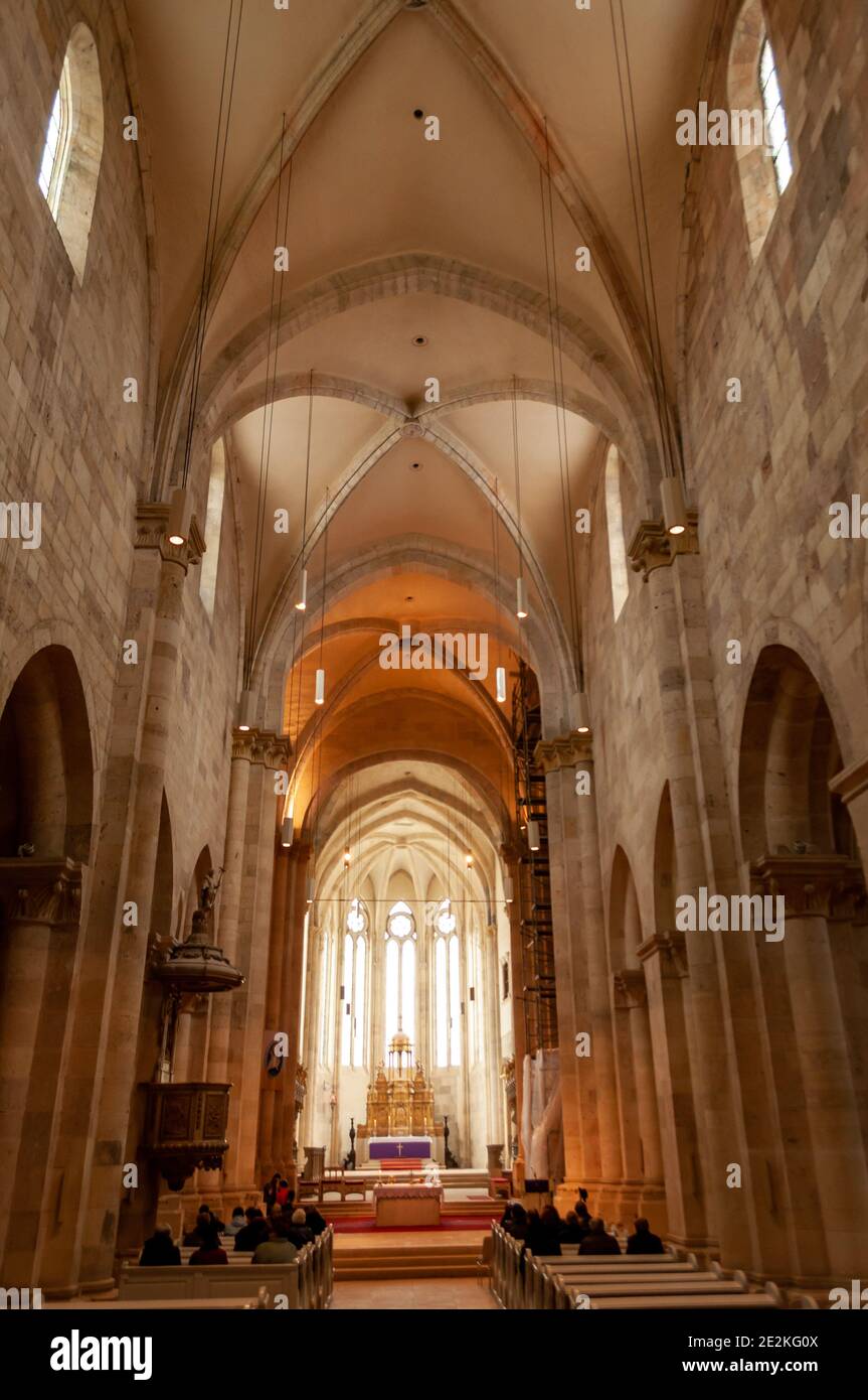 View of the ceiling of an old roman catholic church. View from behind ...