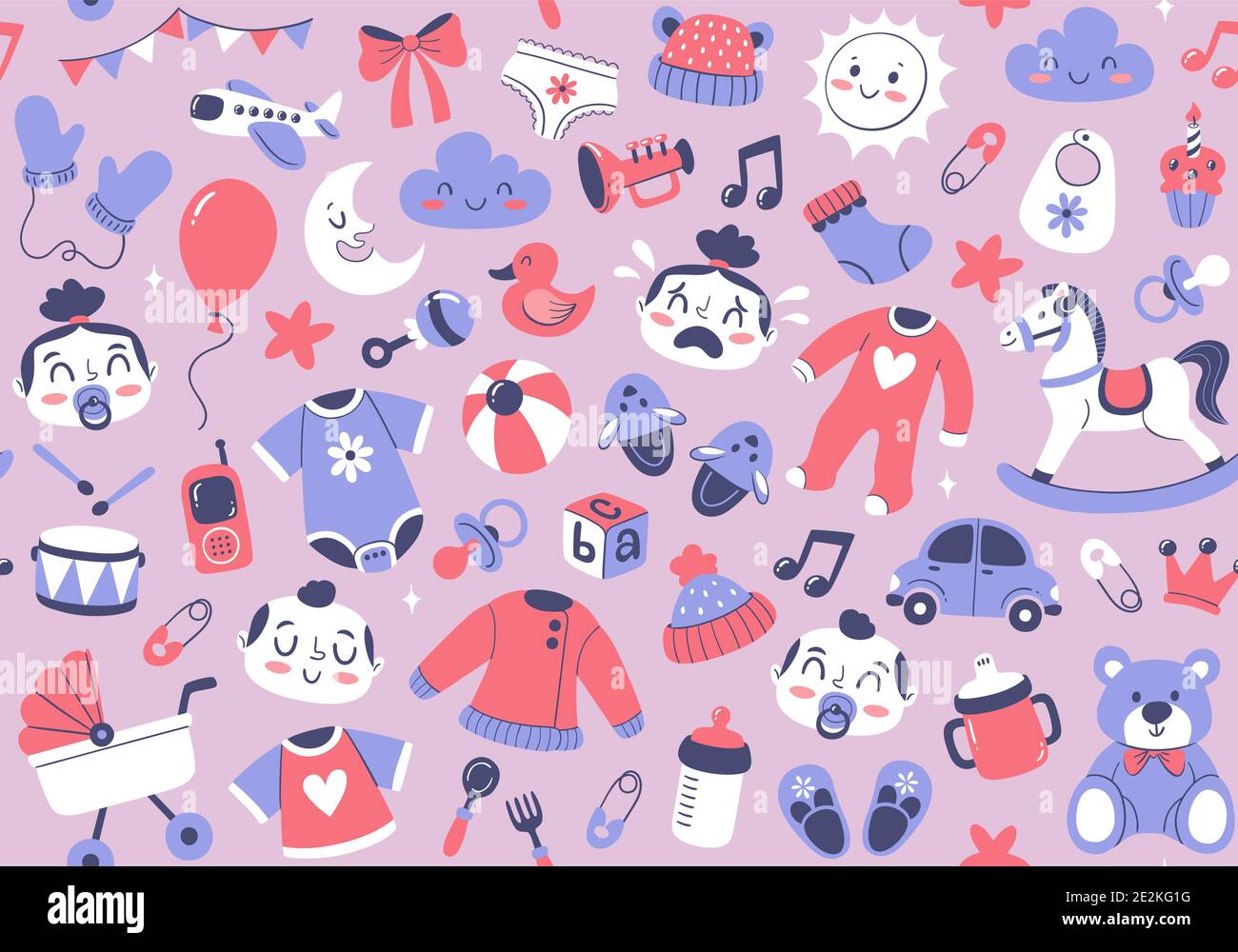 Baby objects seamless pattern with newborn clothes, toys and ...