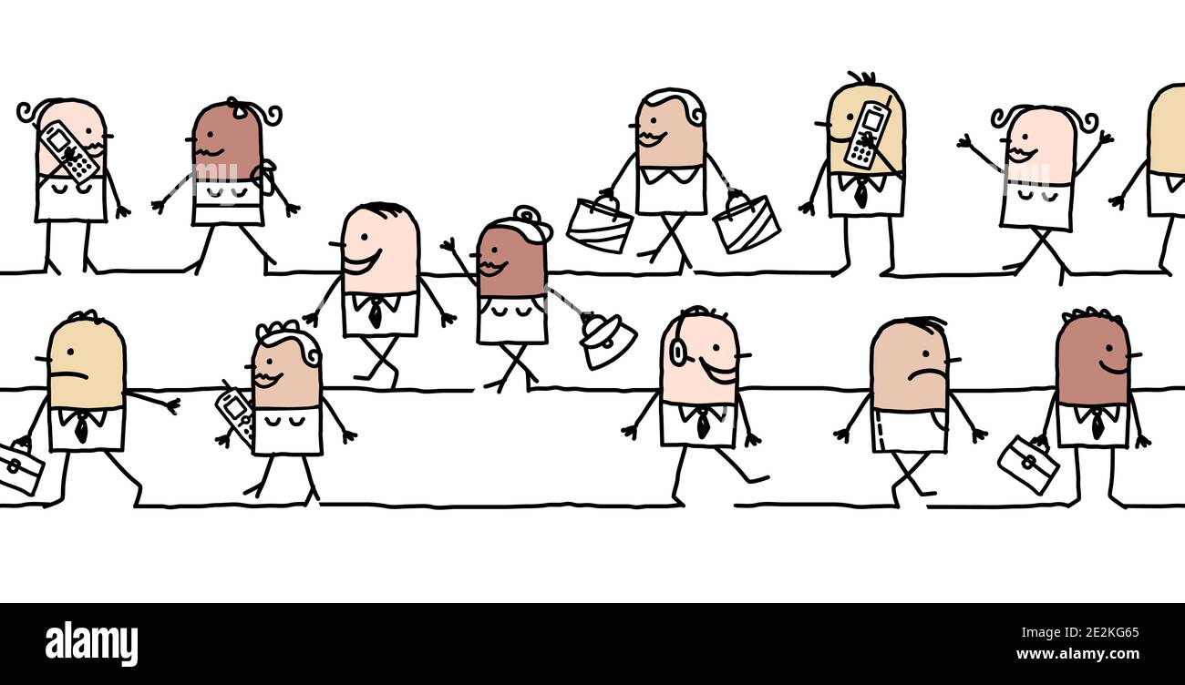 Hand drawn Cartoon group of mixed ethnic people, walking in the street ...