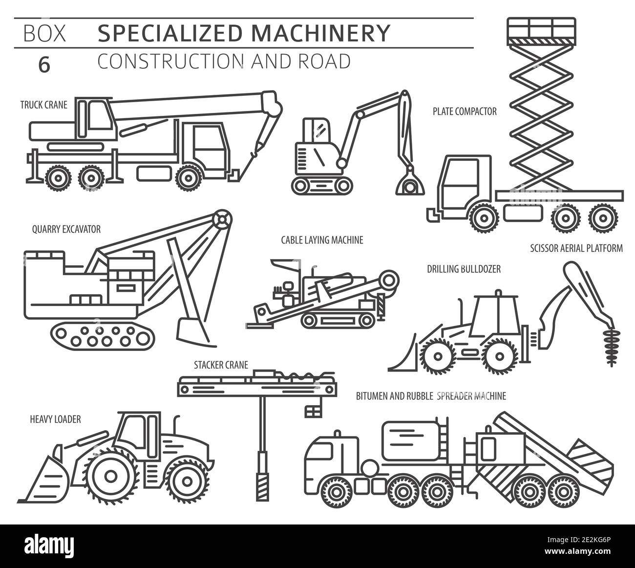 Special industrial construction and road machine linear vector icon set ...