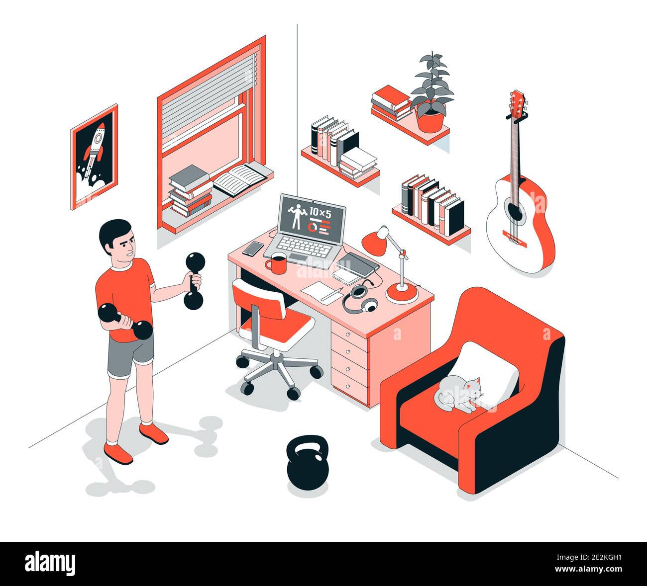 Home exercise in workplace. Home workout with dumbbell Stock Vector ...