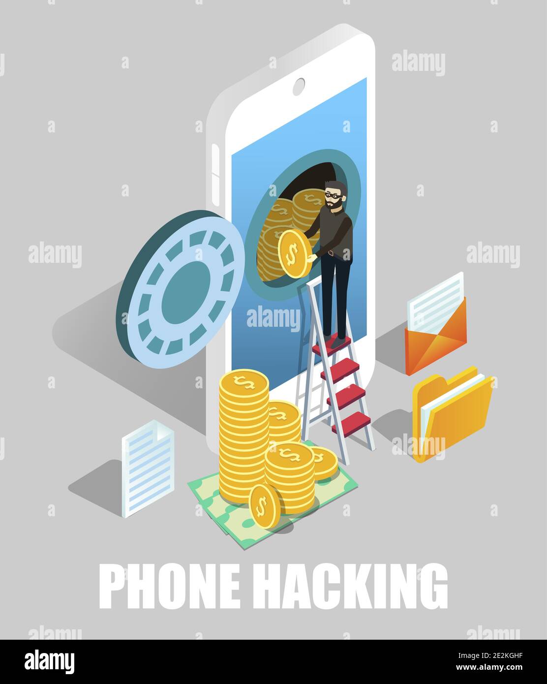 Phone Hacking Scams Isometric Hacker Cyber Thief Stealing Money From Smartphone Vector