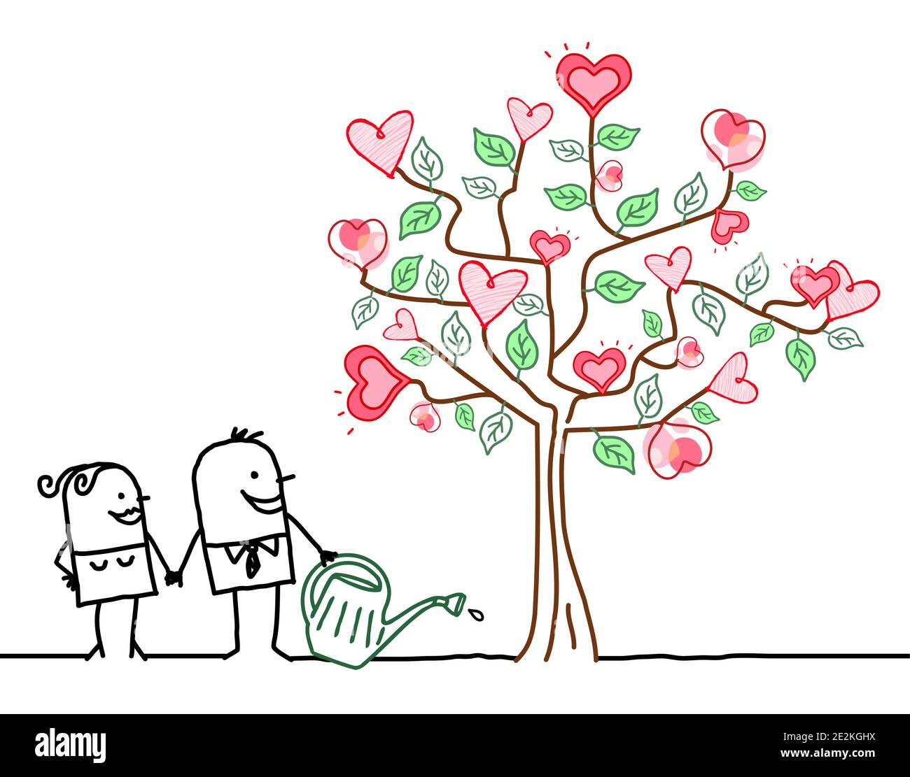 Hand drawn Cartoon Woman and Man Watering a big Tree with pink Hearts ...