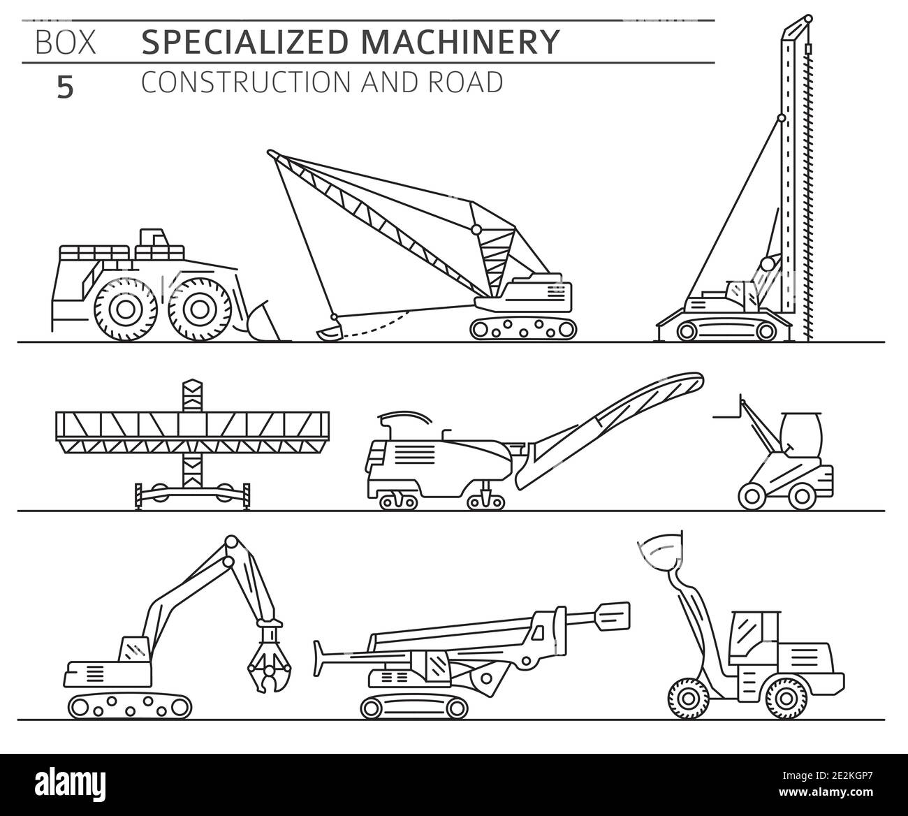 Special industrial construction and road machine linear vector icon set ...