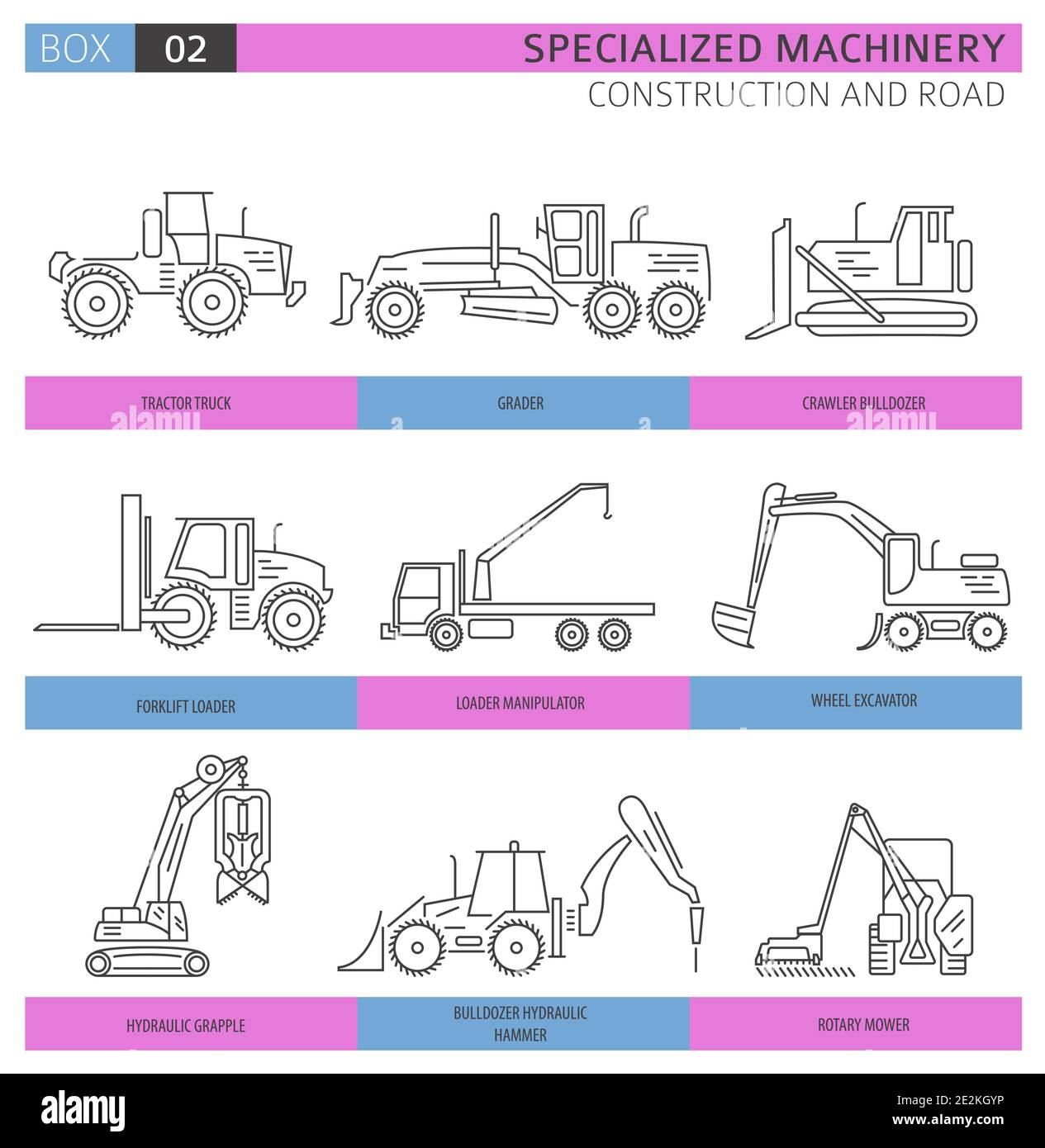 Special industrial construction and road machine linear vector icon set ...