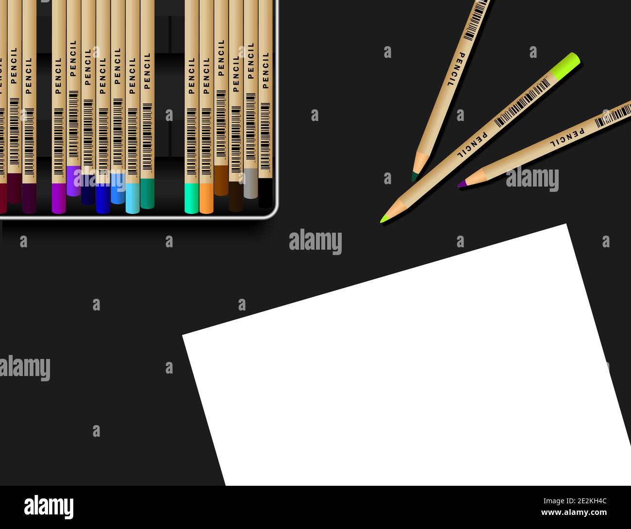 Pencil case with pencils and sheet of paper on a black background Stock ...