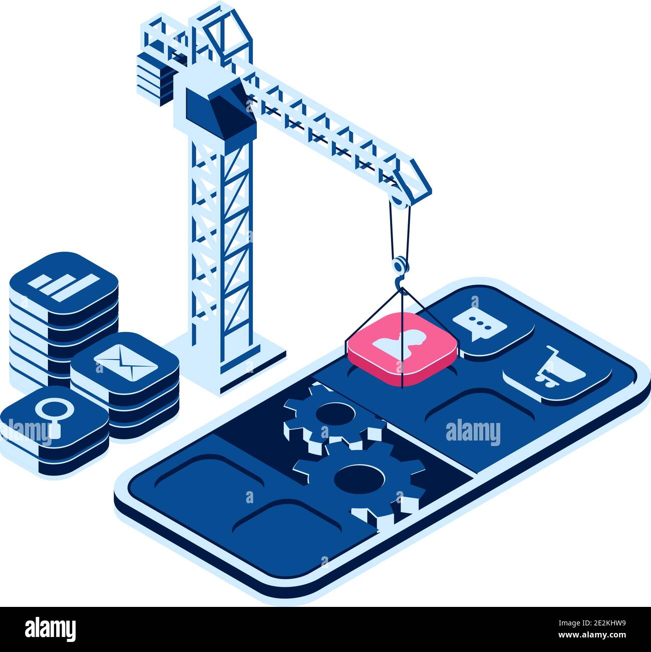 Mobile app creation concept, mobile phone with isometric icons on ...