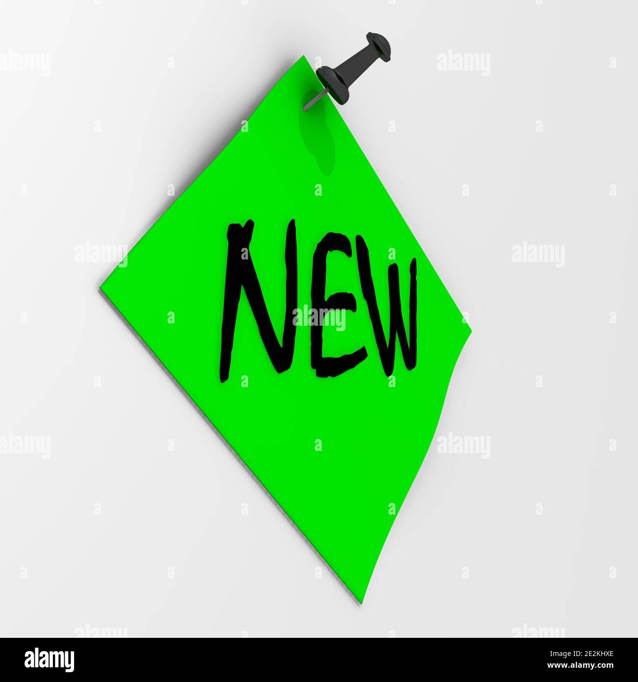 New. Note paper with pushpin. Green sheet for notes fastened on a white ...