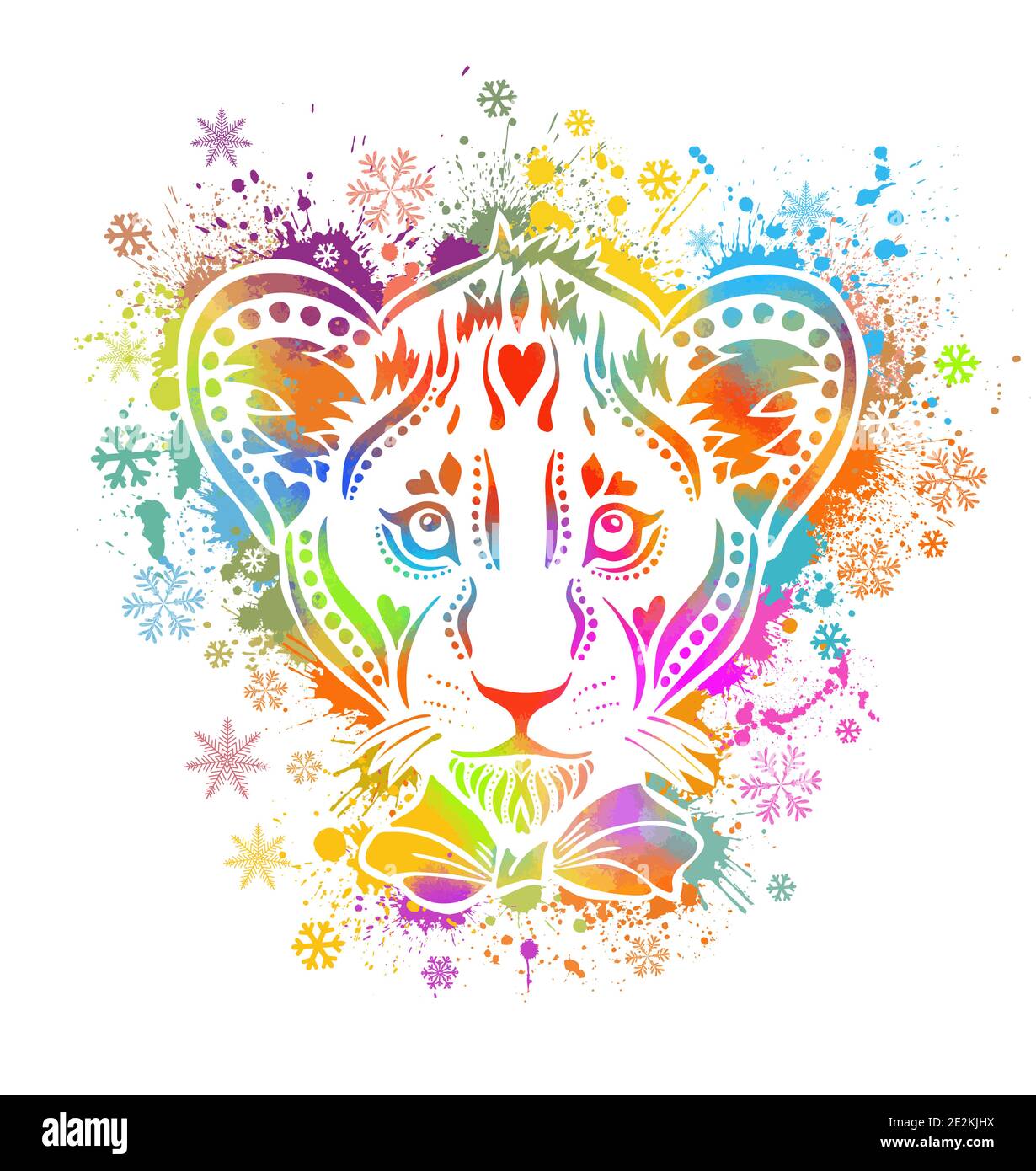 A multicolored lion cub. The face of the lion is a rainbow abstract ...