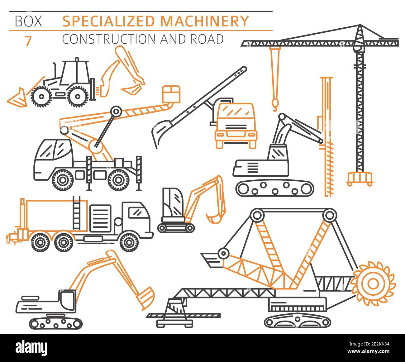 Special industrial construction and road machine linear vector icon set ...
