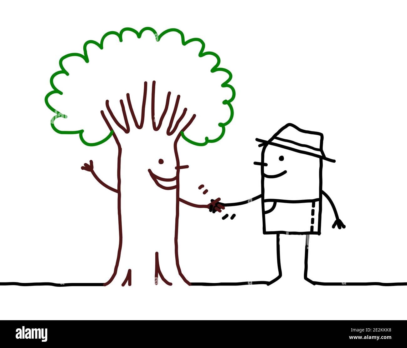 Hand drawn Cartoon smiling Tree-Man Shaking Hands with a Gardener Stock ...