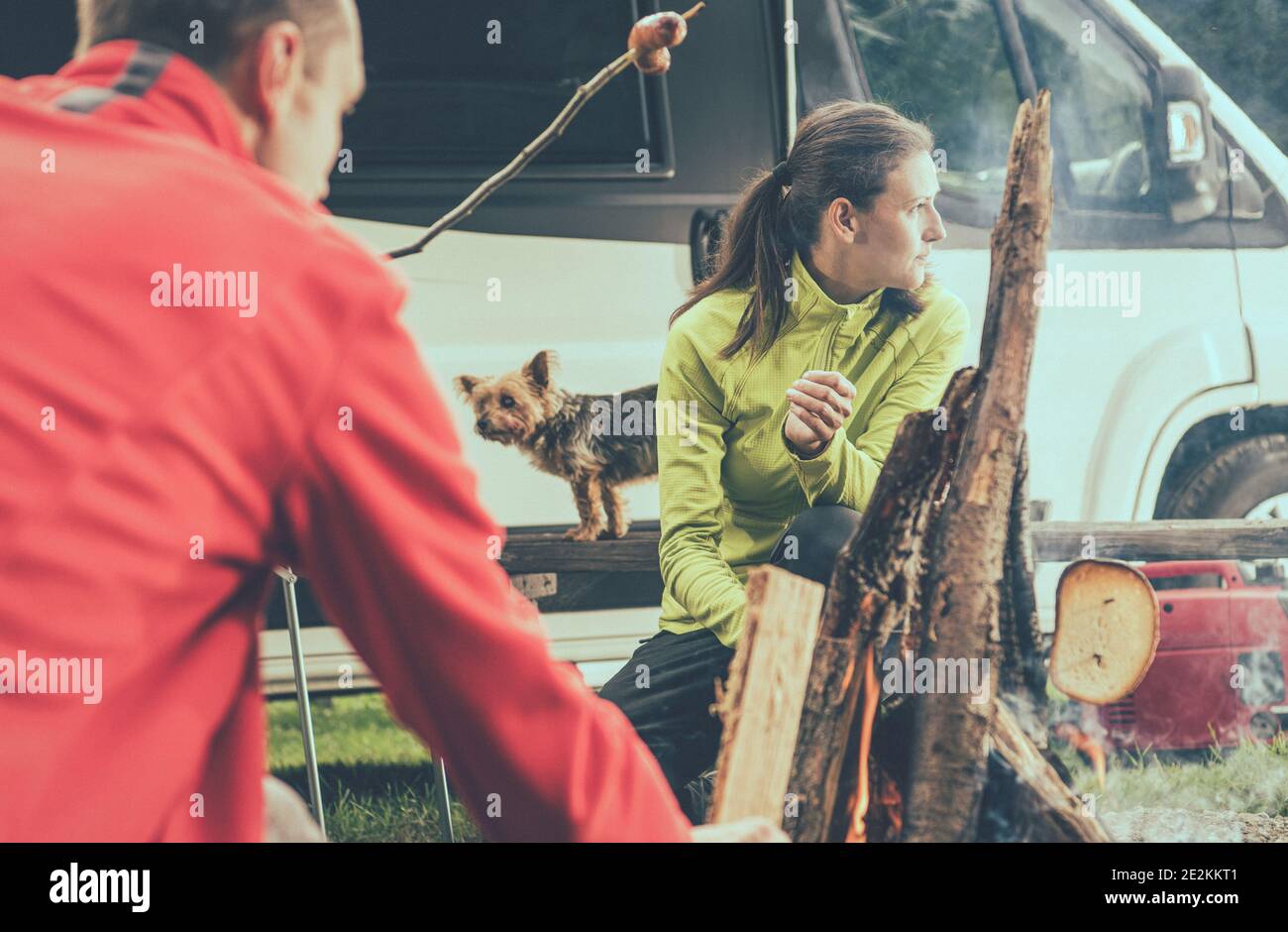 Caucasian Couple in Their 30s Burning Campfire While Staying Overnight ...