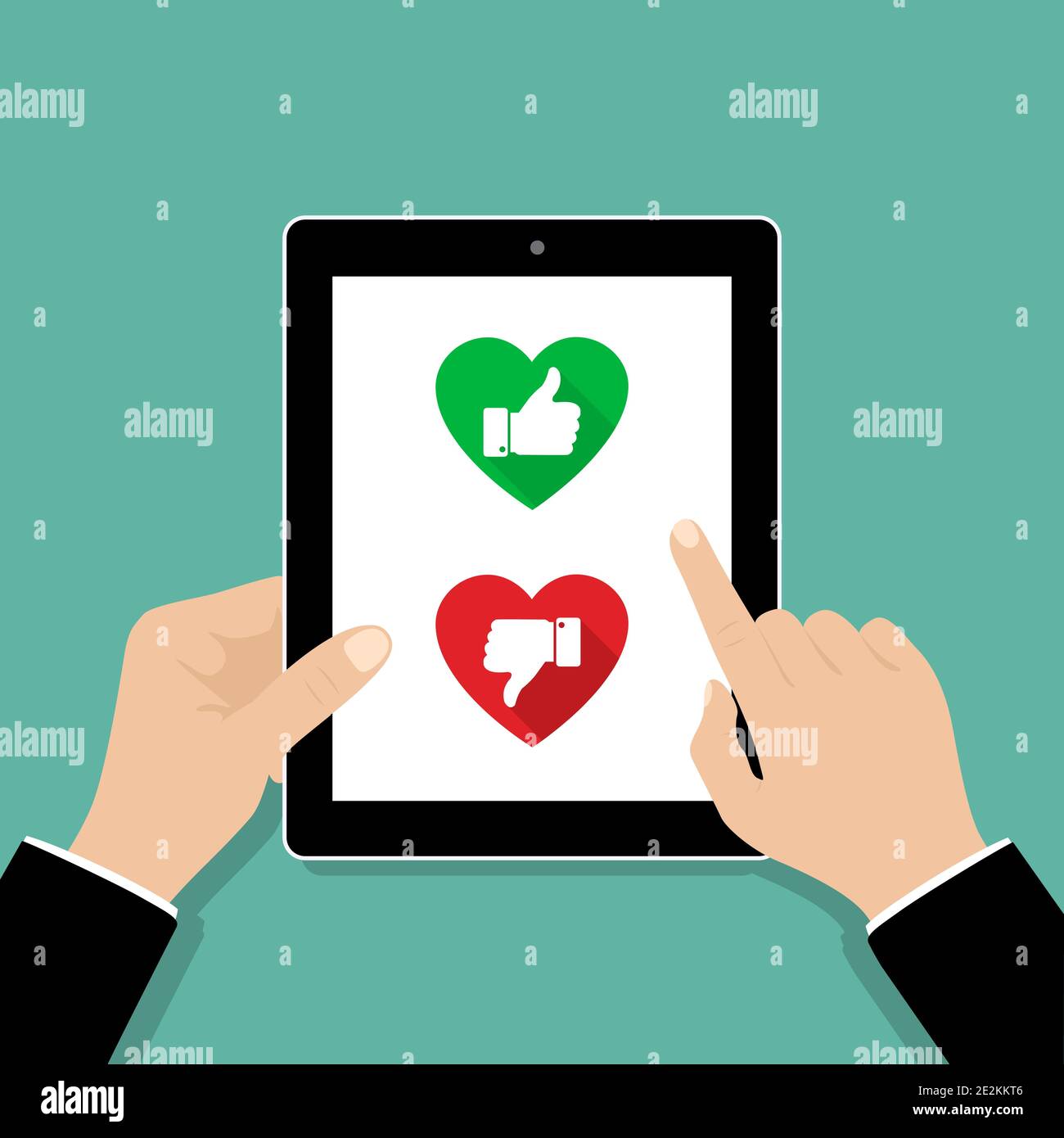 Website rating. Hand holding and pointing to the tablet with like and ...