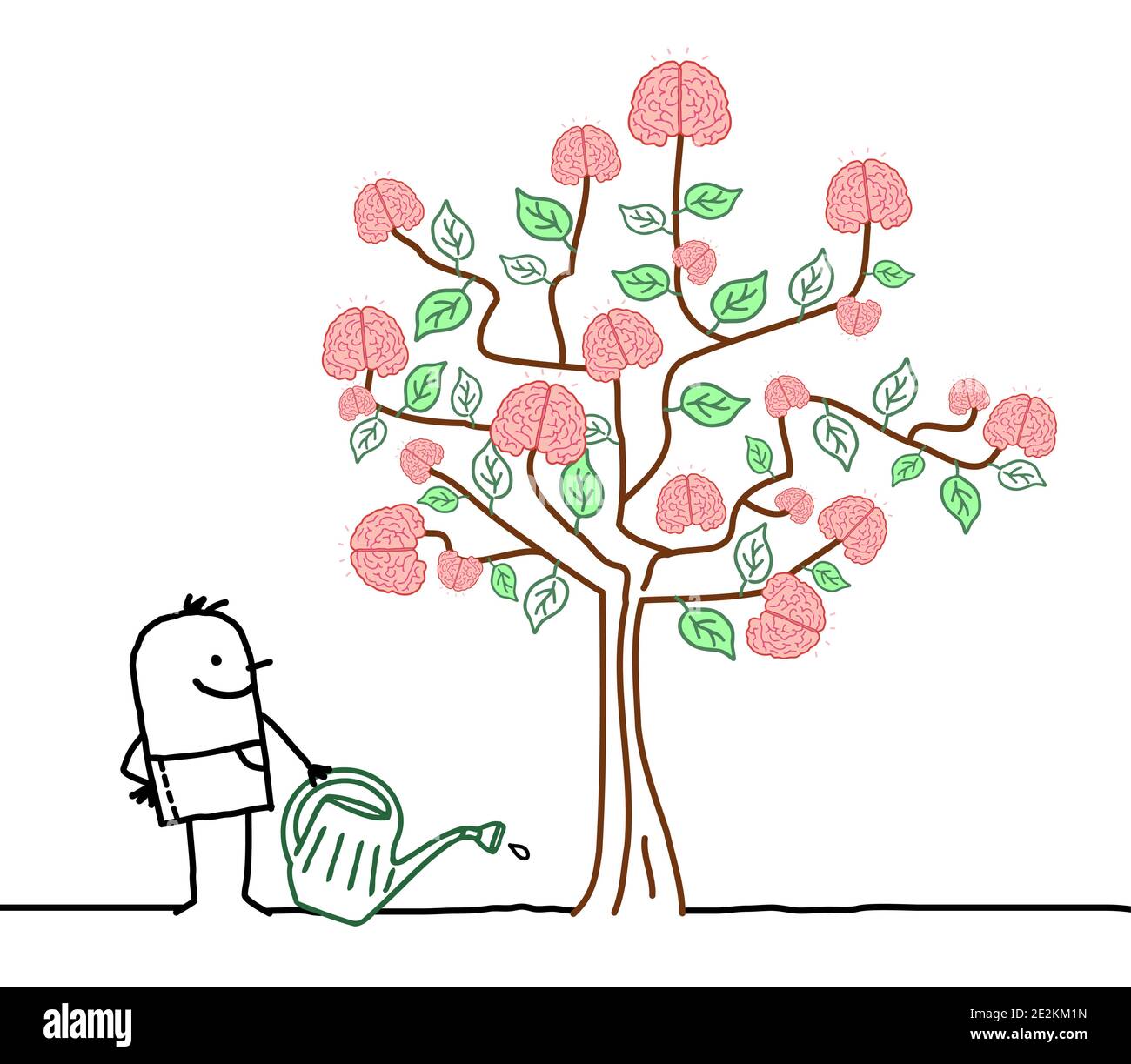 Hand drawn Cartoon Man Watering a big Tree with Brains Stock Vector ...