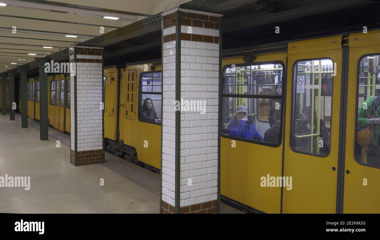 BUDAPEST, HUNGARY- MAY, 27, 2019: subway train arriving at a station ...