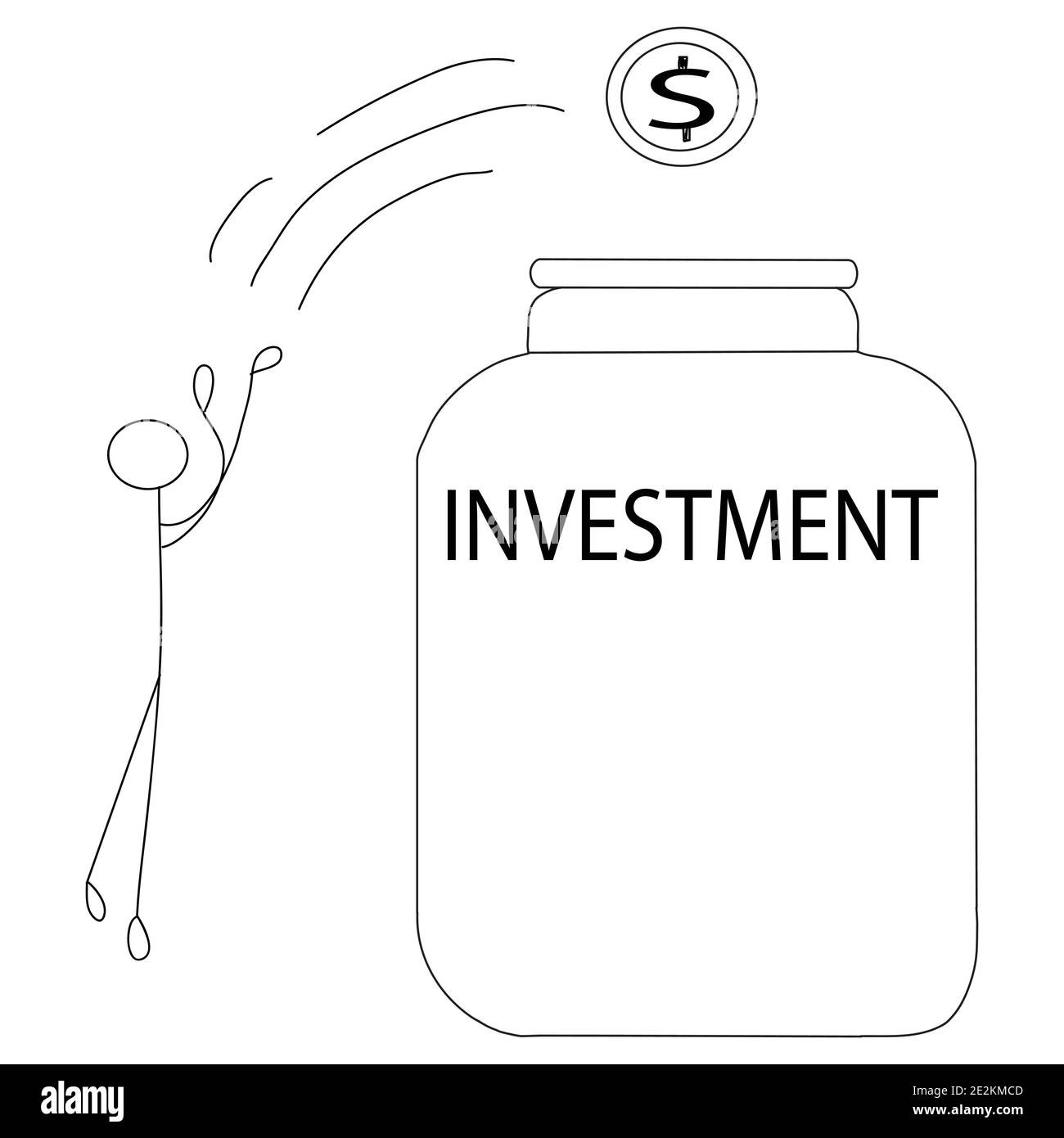 Stick figure or businessman throwing a coin to the big jar ...