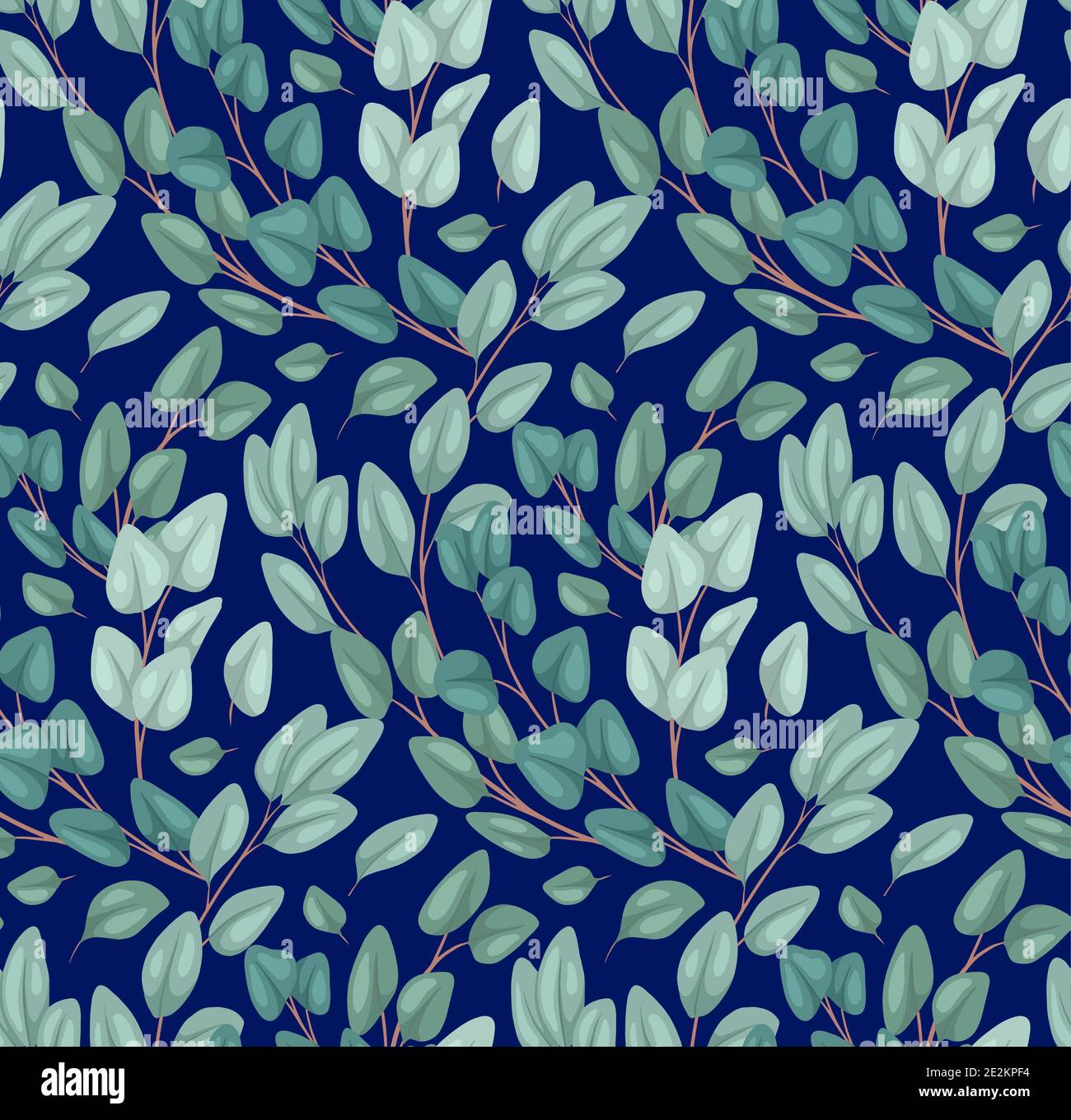 Seamless pattern of branches and foliage of eucalyptus on a dark blue ...