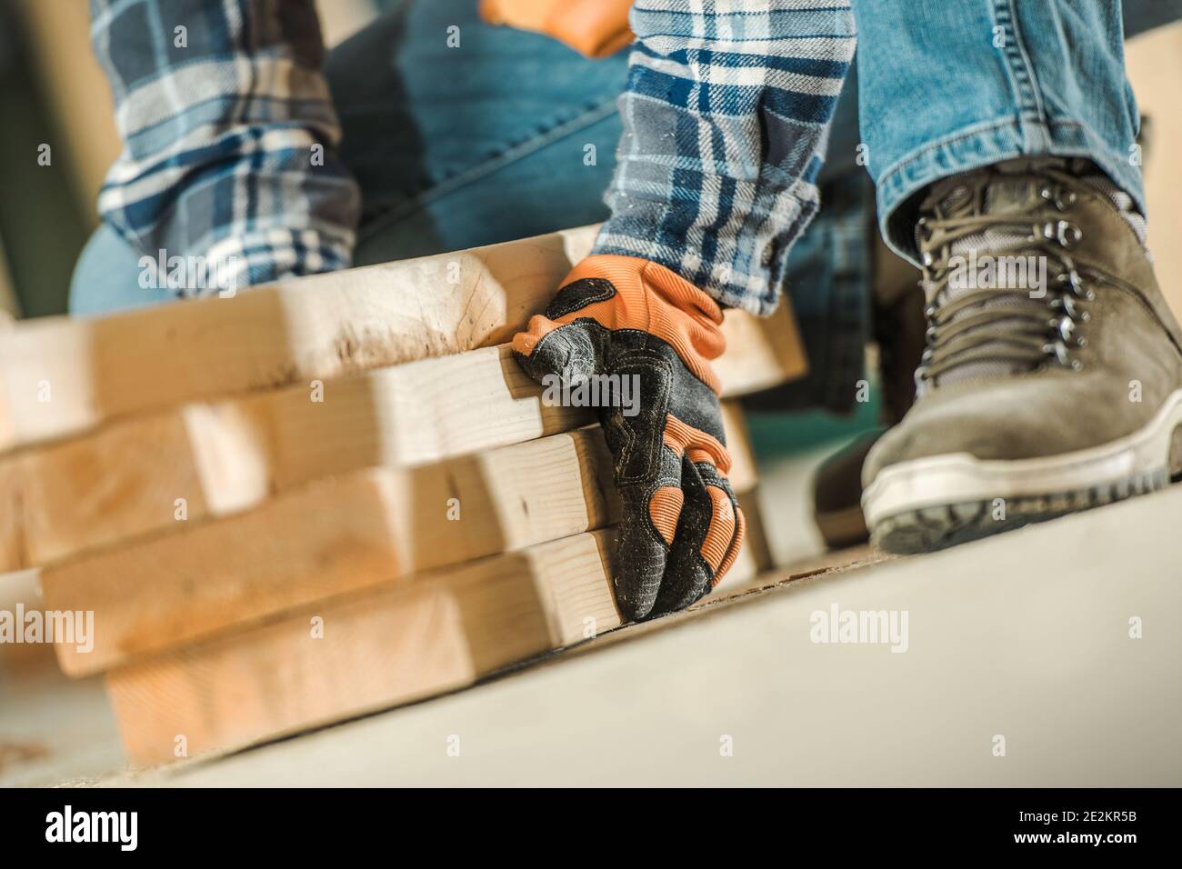 Lumber Worker Moving Wood Beams Using Working Place Safety Gloves Close ...