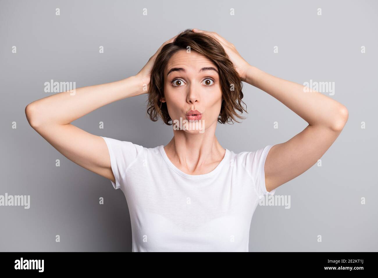 Photo of young attractive woman shocked scared afraid mistake fail ...