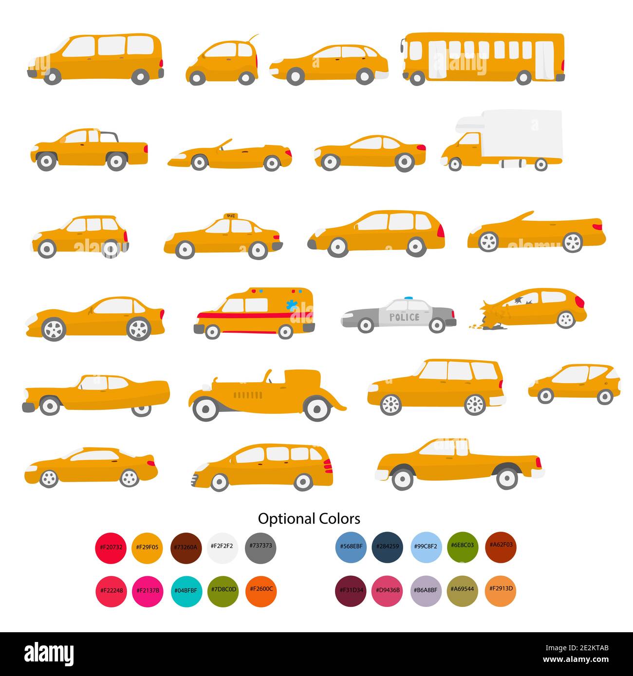 Various kinds of orange vehicle icon set with optional color codes ...