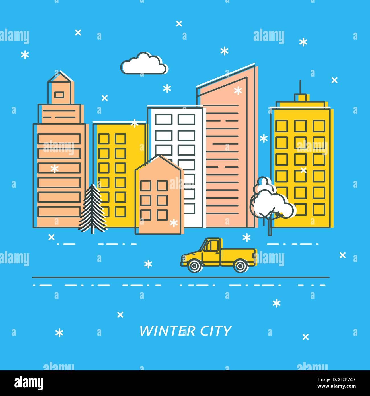Winter cityscape card template in thin line style. Vector illustration ...
