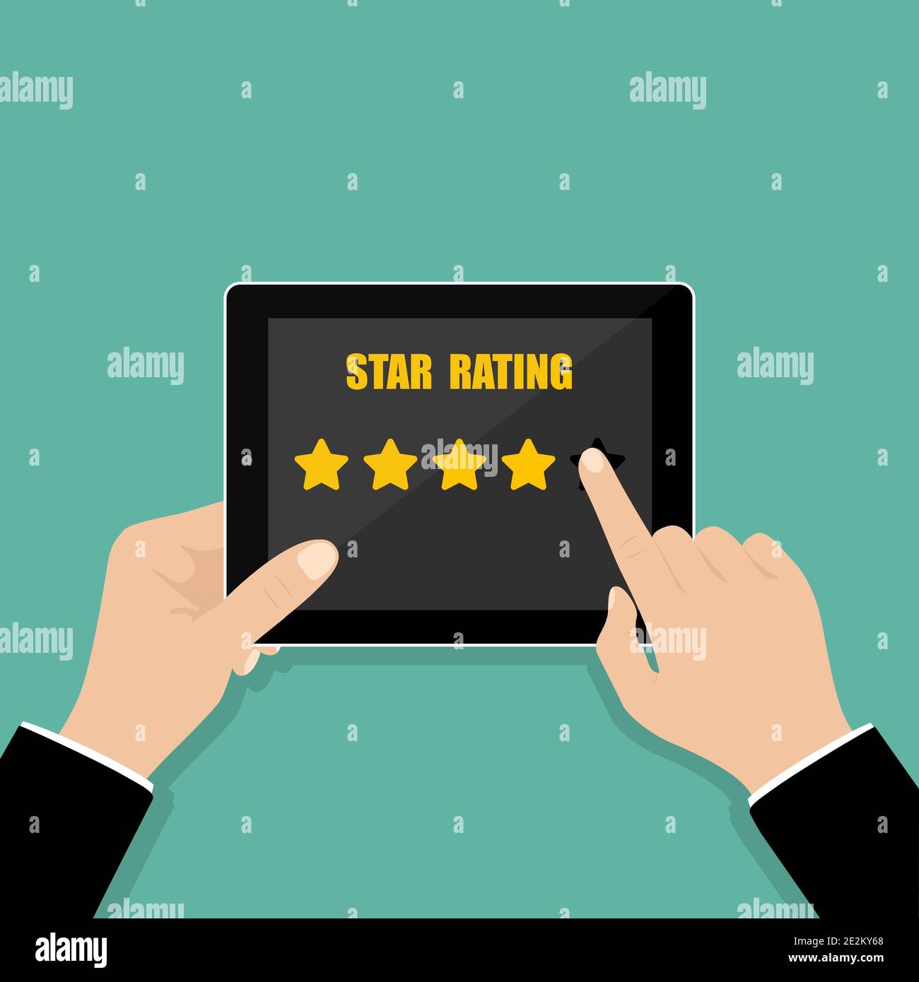 Star holding. Rate our app flat concept. Businessman Hand holds tablet ...