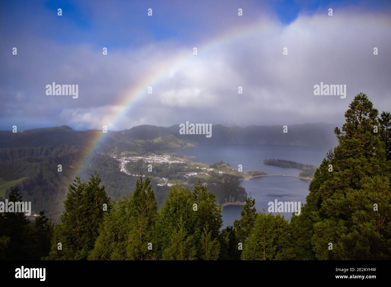Sete Cidades lake with rainbow, Azores islands, amazing viewpoint on ...