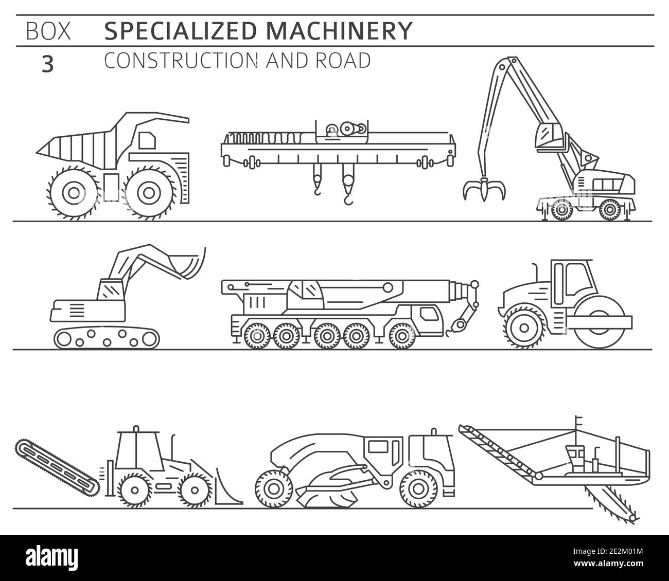 Special industrial construction and road machine linear vector icon set ...