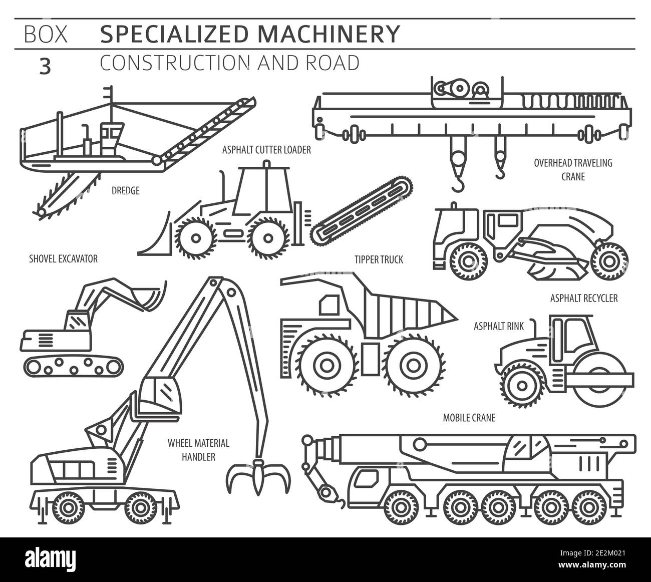Special industrial construction and road machine linear vector icon set ...