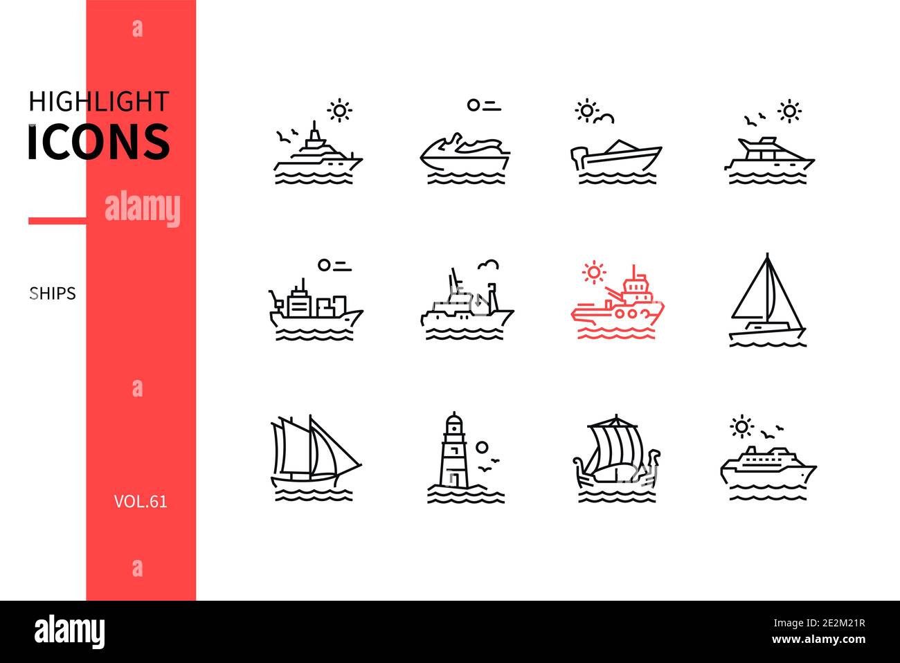Different ships - line design style icons set. Water transport ...