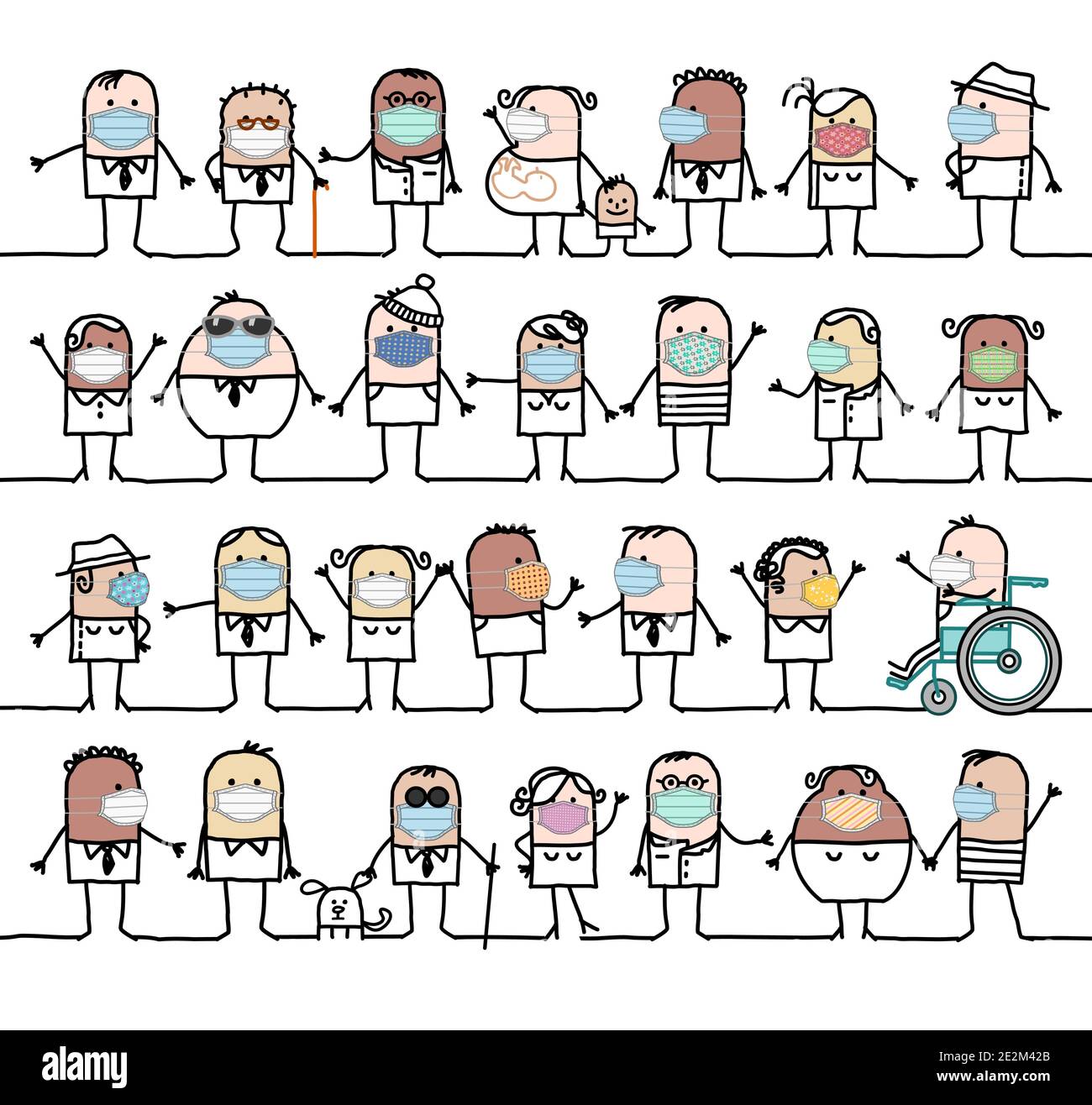 Hand drawn Cartoon group of mixed diversity people wearing protection ...