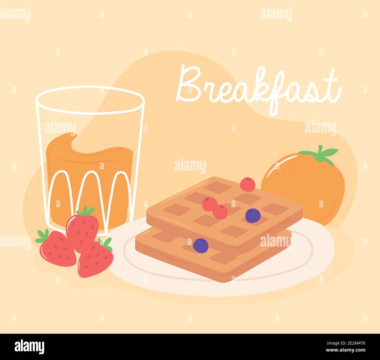 breakfast waffle orange juice and strawberries delicious food cartoon ...