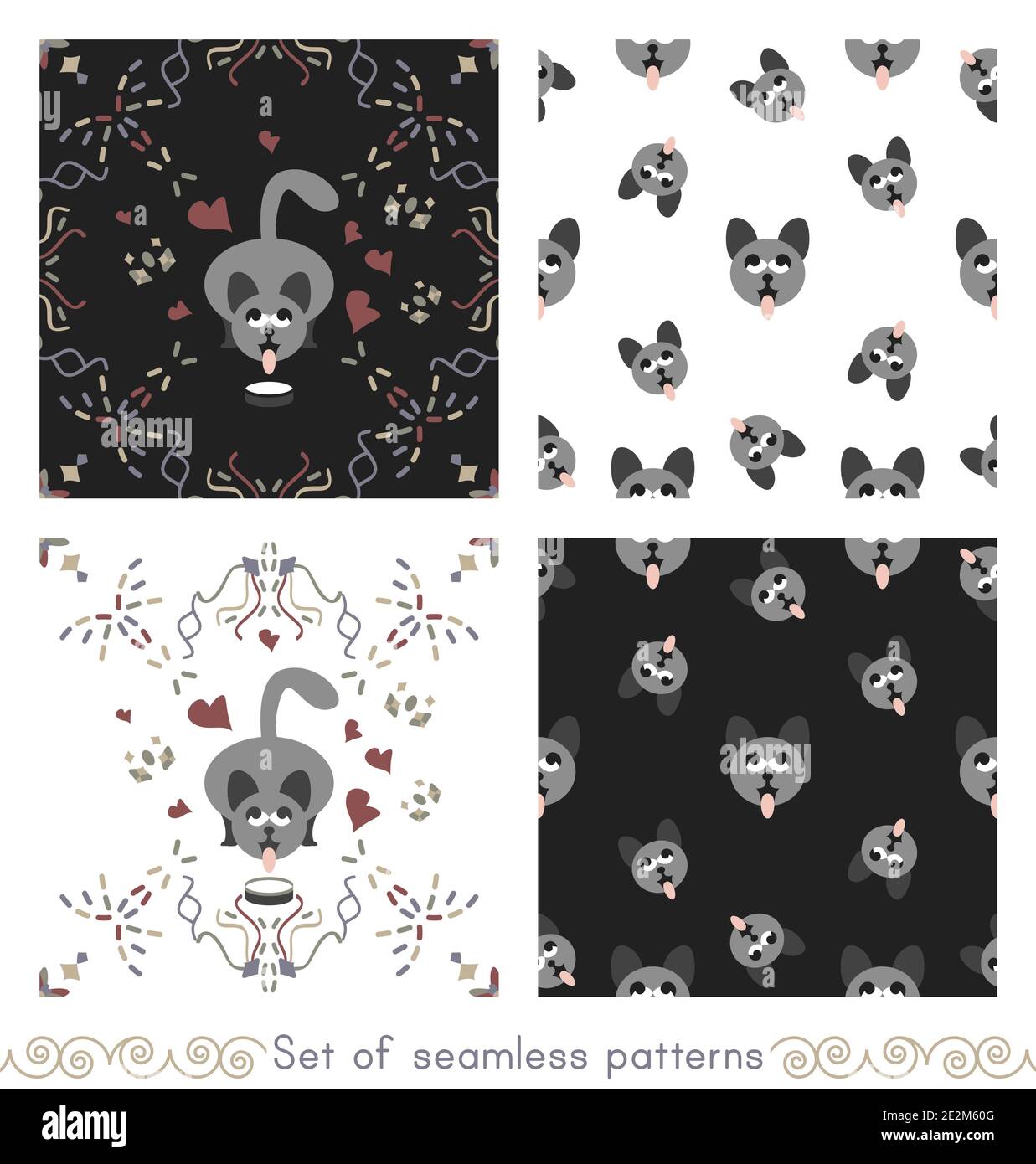Set of seamless patterns. Gray cat drinking milk and Gray cat heads ...