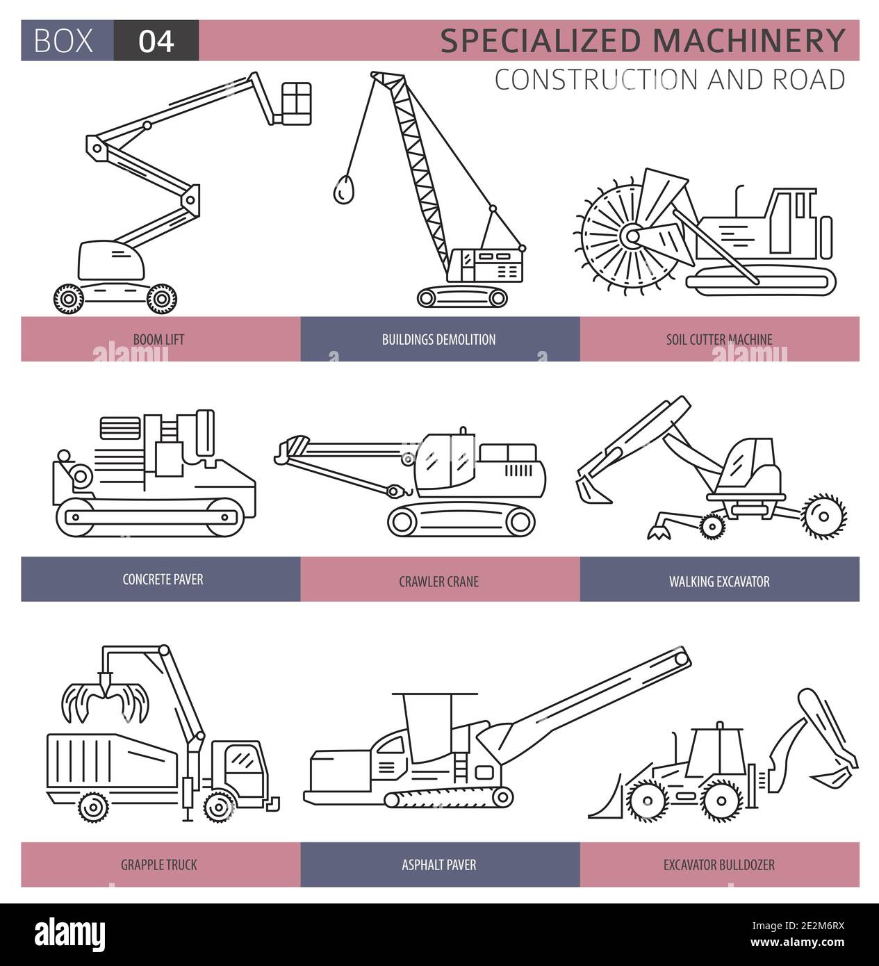 Special industrial construction and road machine linear vector icon set ...
