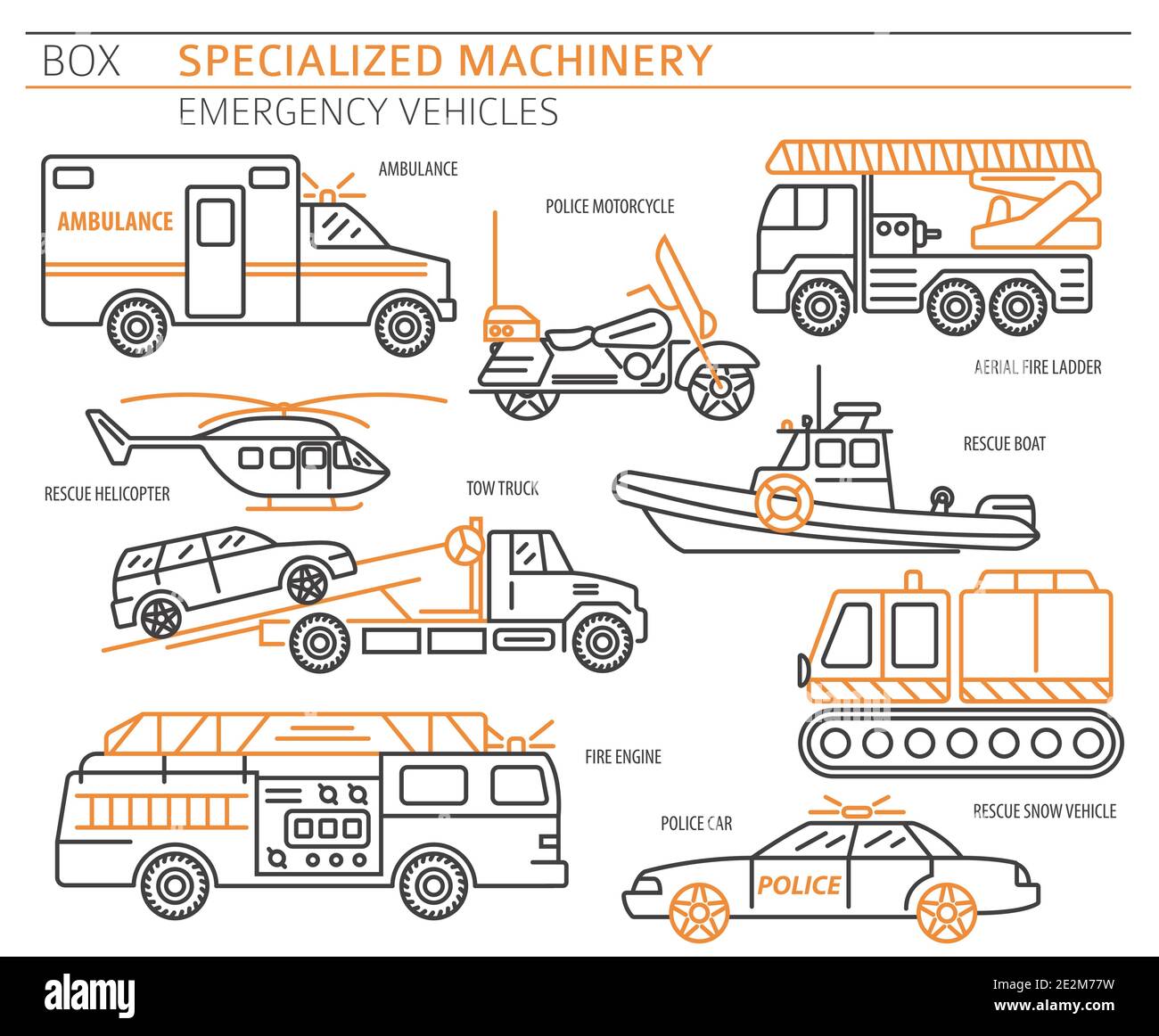 Specialized machines, emergency vehicles linear vector icon set ...