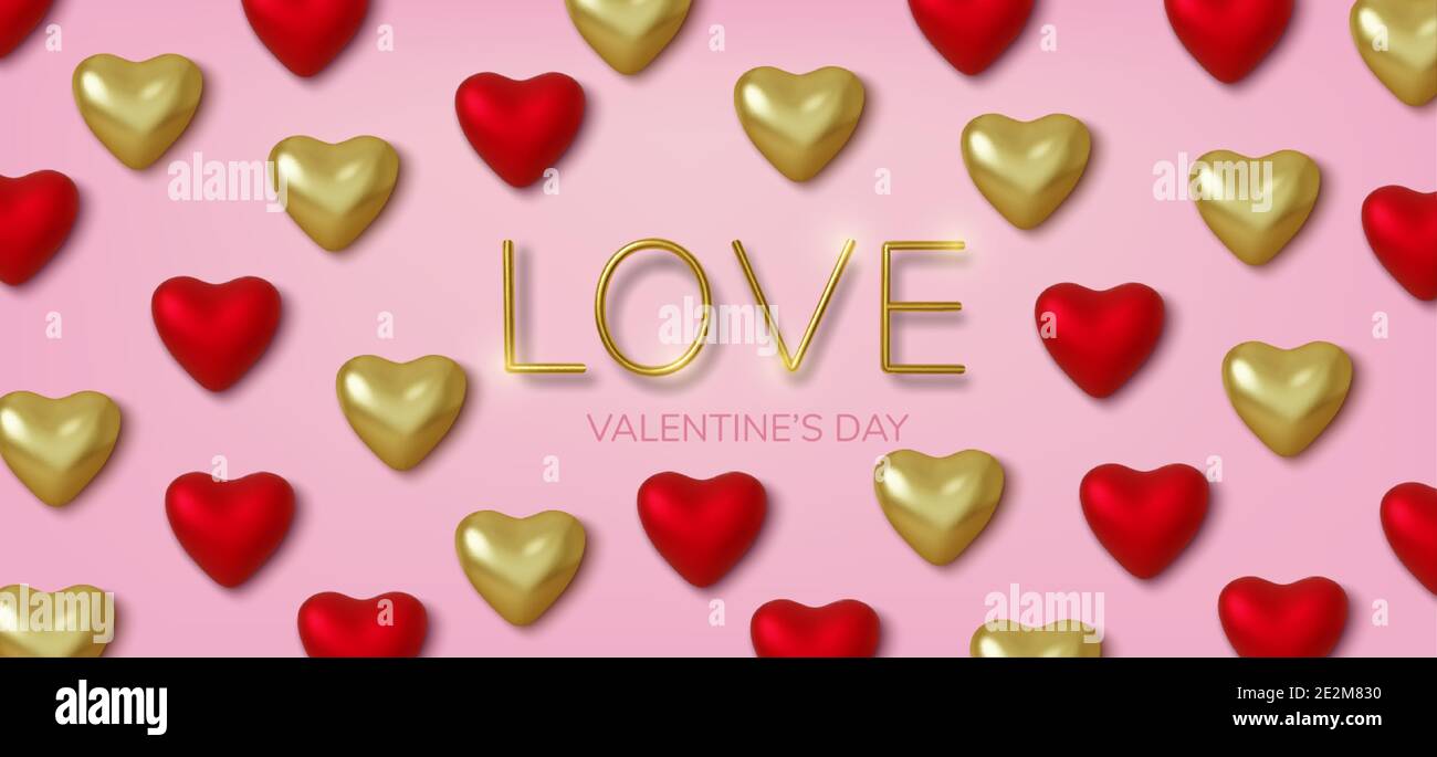 Valentines Day greeting card. Realistic 3d red and gold hearts in ...