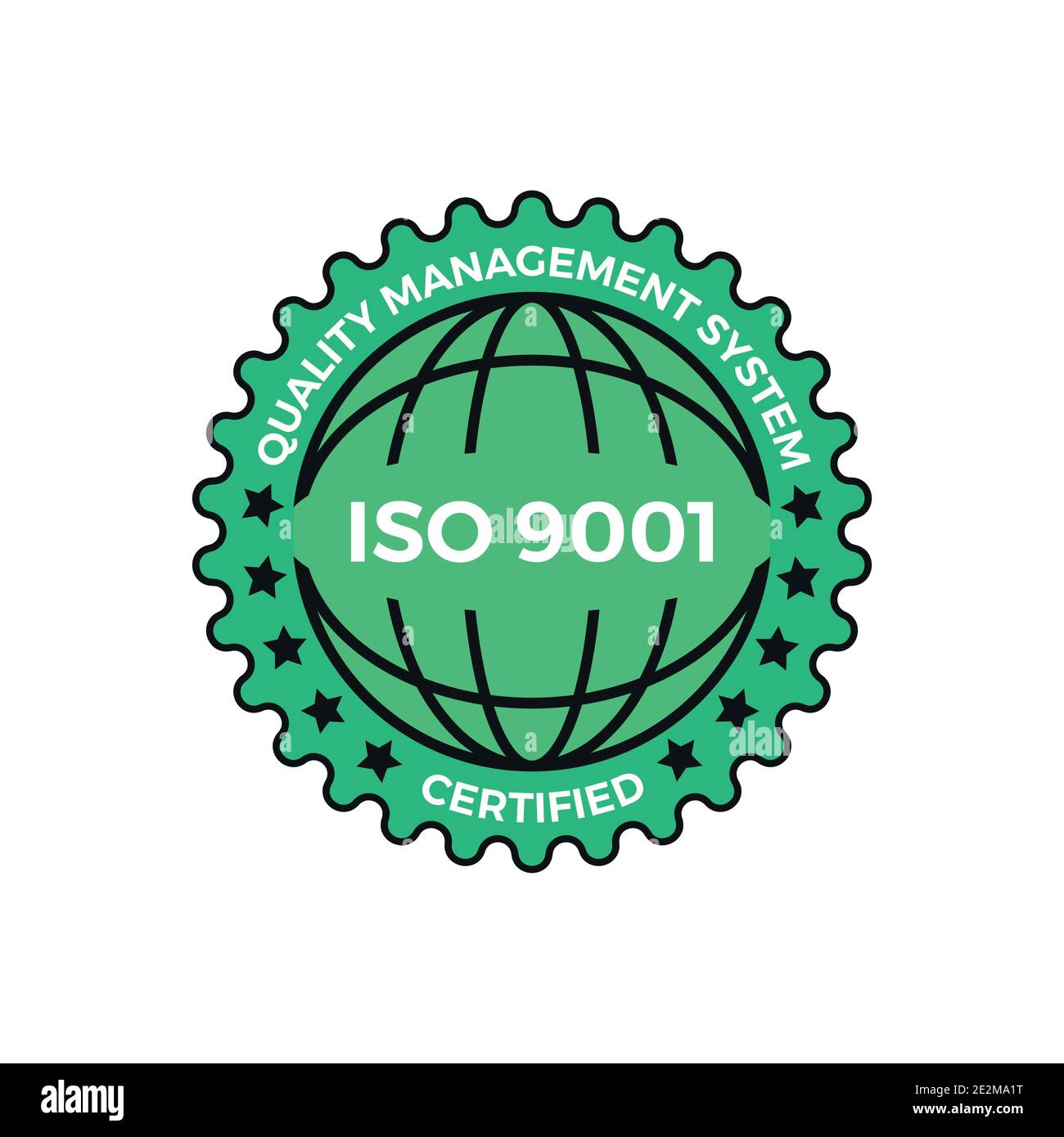 ISO 9001 certified green label, vector illustration. Iso 9001 standard certified icon vector on ...