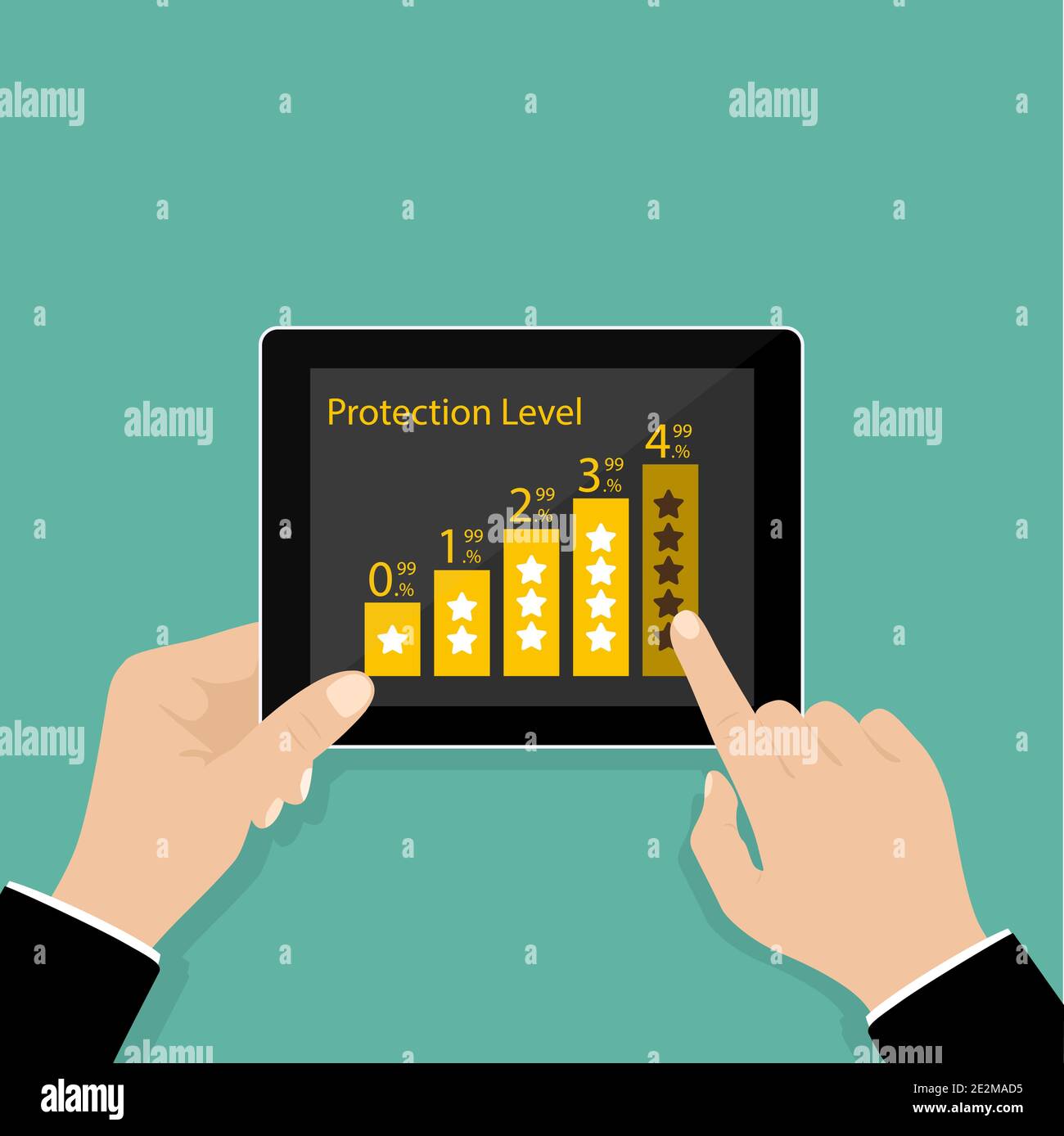 Protectoin level. Business man hand holding tablet with rating star ...