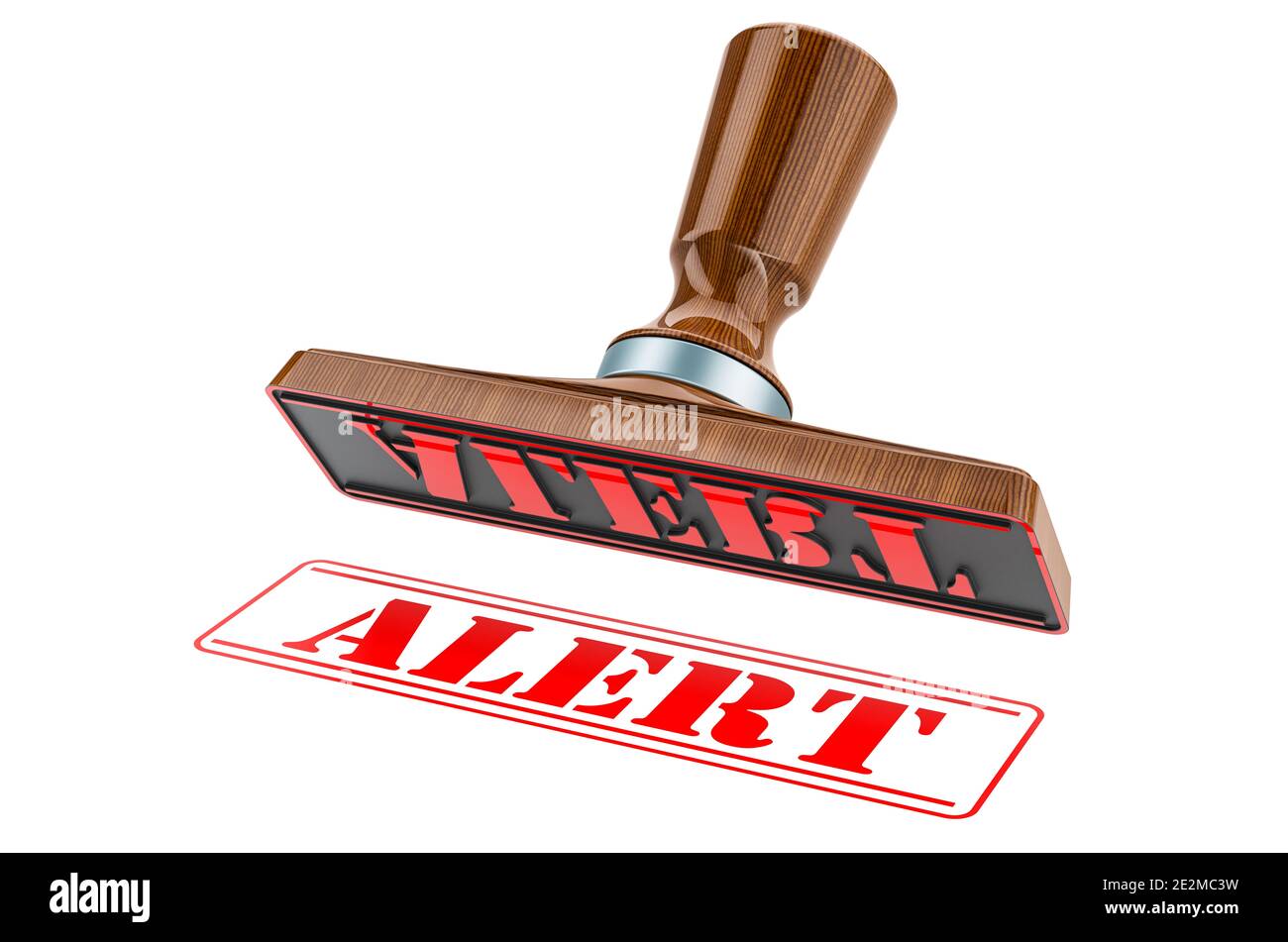 Alert stamp. Wooden stamper, seal with text alert, 3D rendering ...