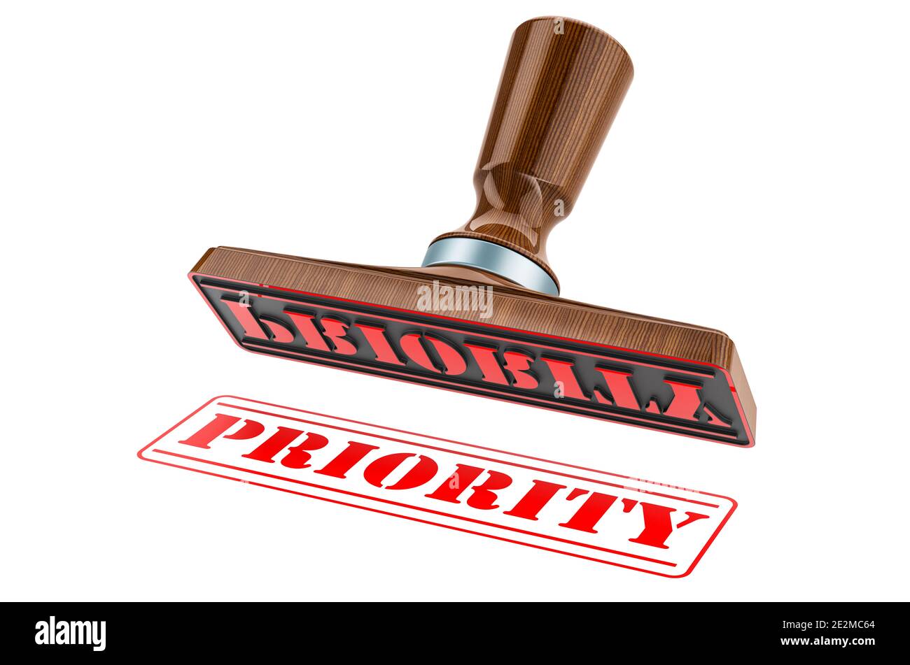 Priority stamp. Wooden stamper, seal with text priority, 3D rendering ...
