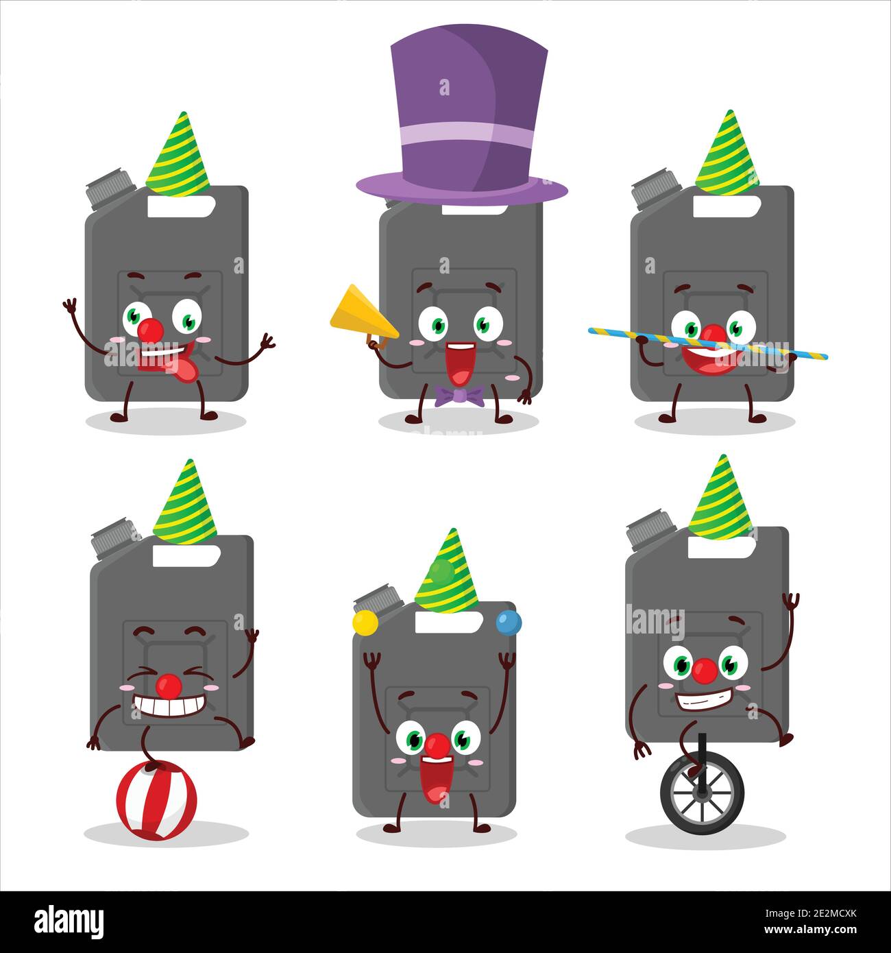 Cartoon character of black gasoline tank with various circus shows ...