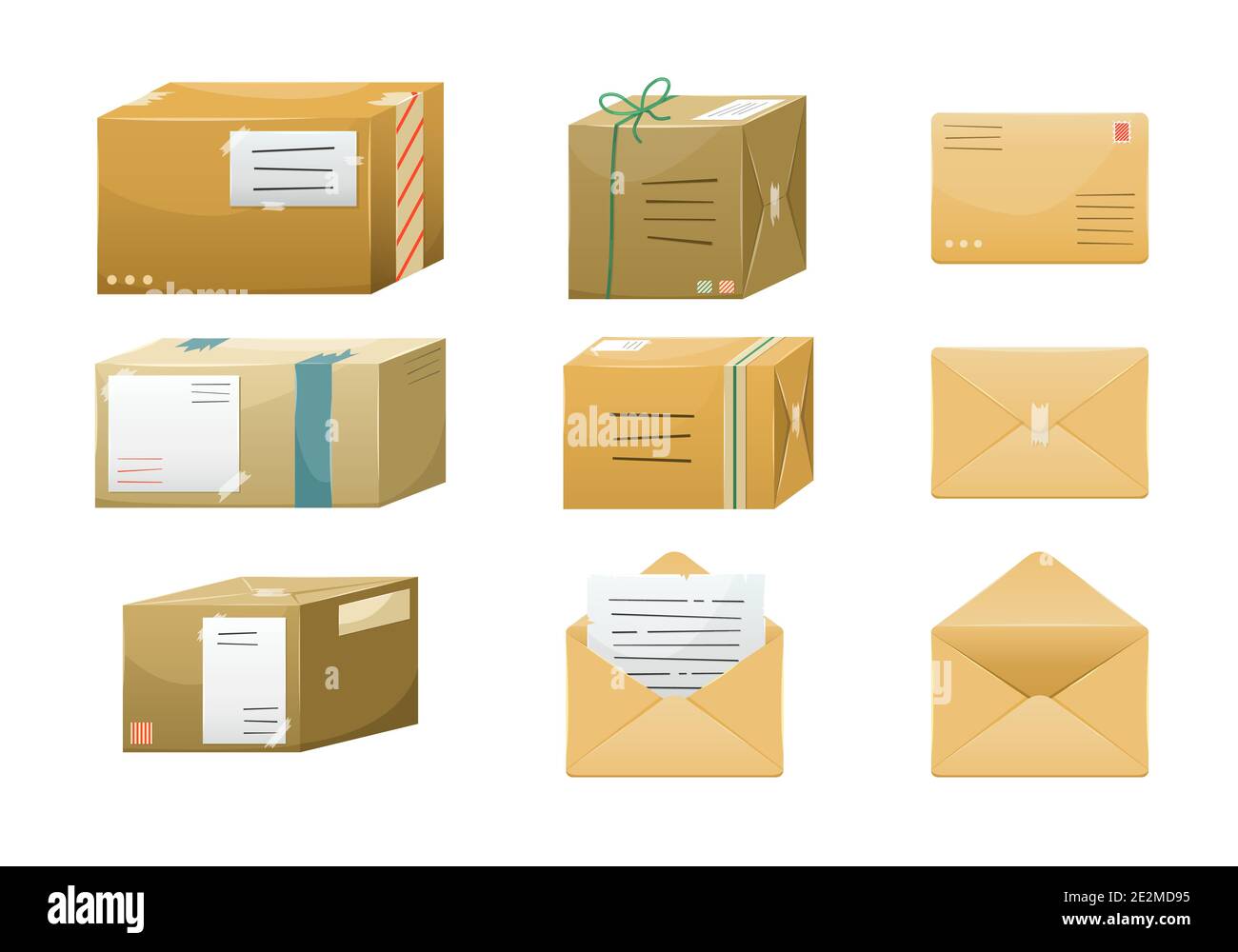 set of Vector illustrations of postal parceles in boxes with a delivery ...