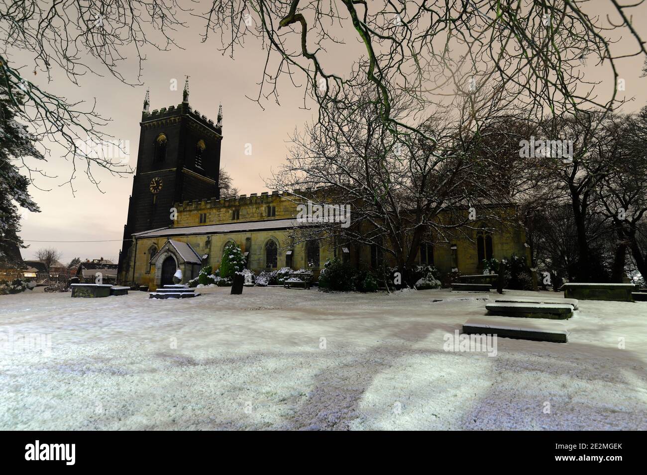St Mary's Church in Swillington under a blanket of snow Stock Photo - Alamy