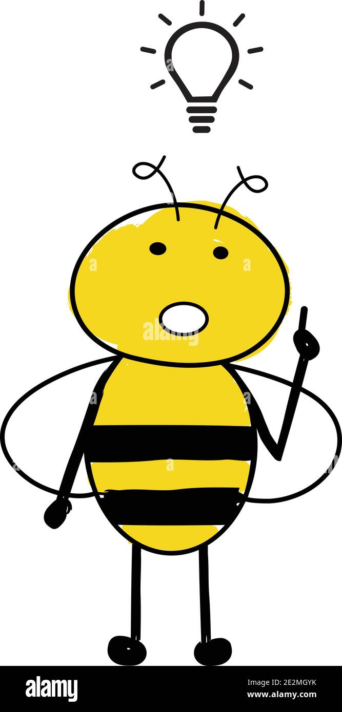 cartoon cute bee with an idea that came to its head. Bee inspired with ...
