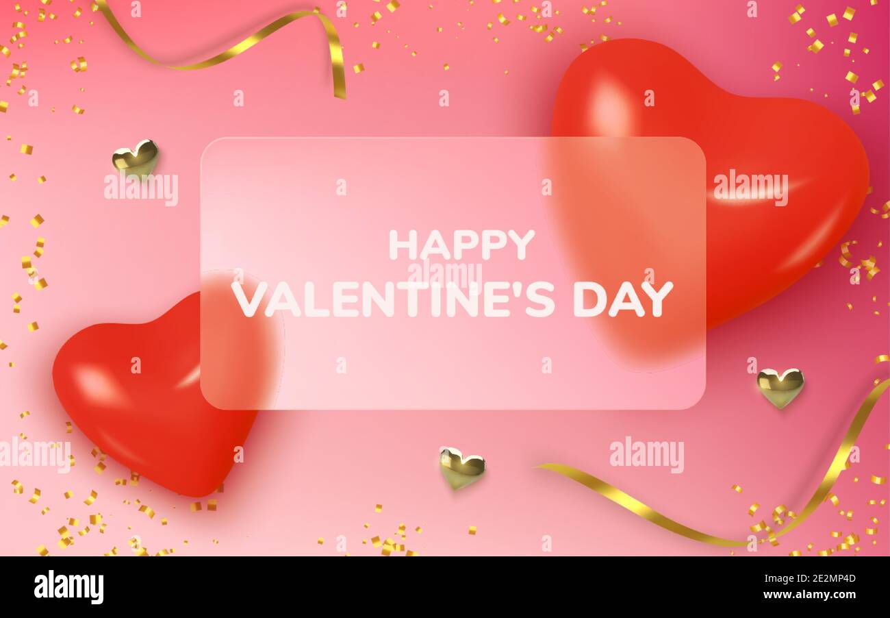 Valentines Day greeting card. Realistic 3d red hearts in tinsel and ...