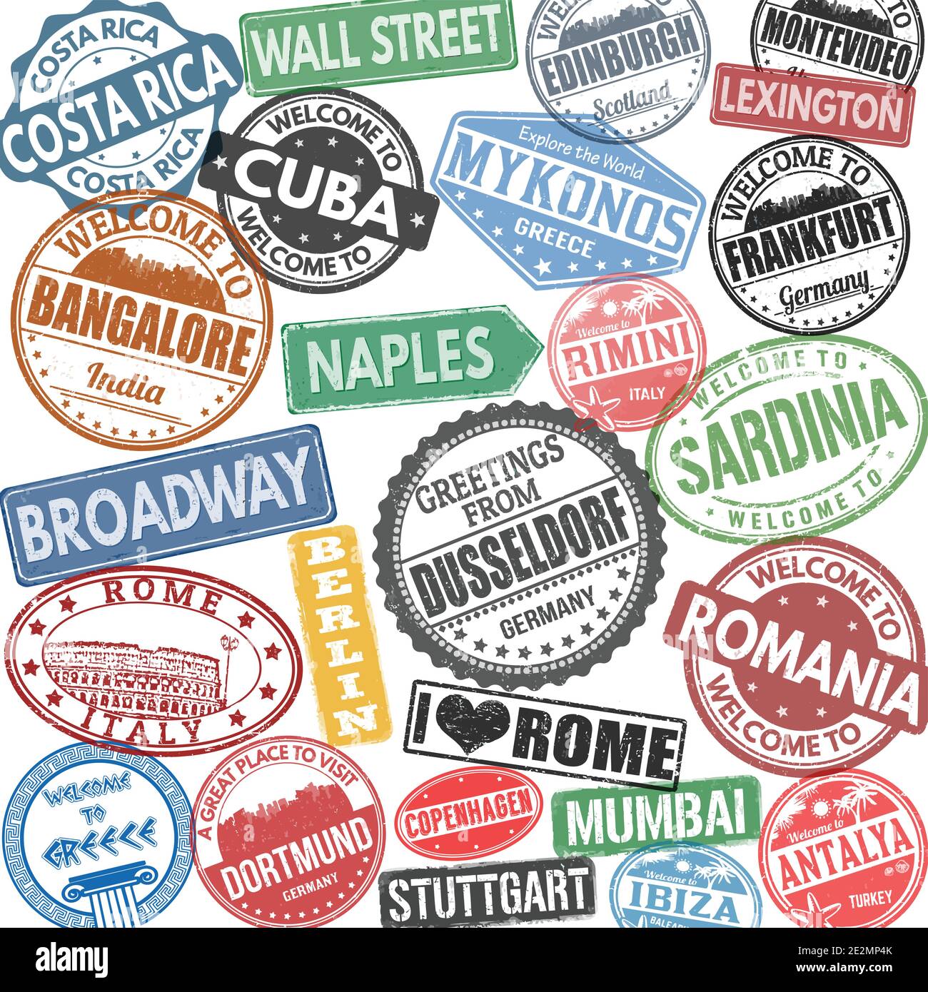 A high collection of travel stamps concept as background on white ...