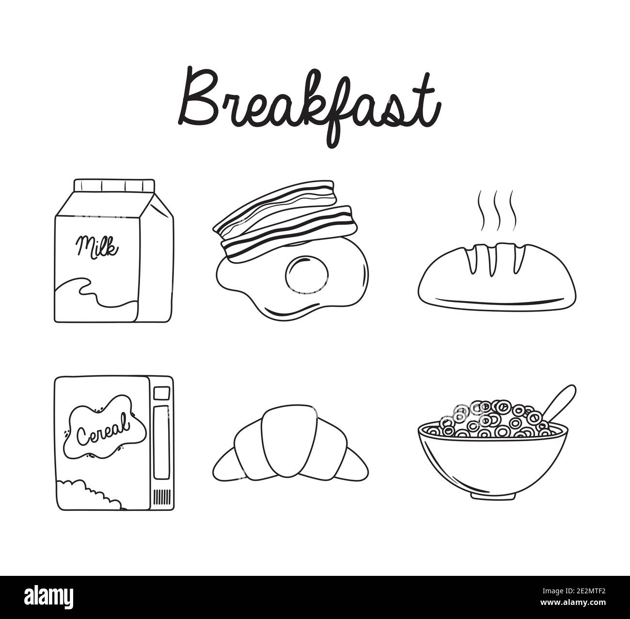 breakfast icons set, milk egg bacon bread cereal milk and croissant ...
