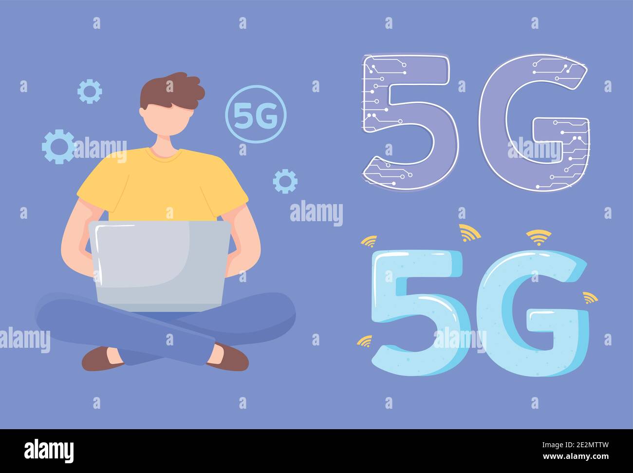 5G network man working behind a laptop cartoon design vector ...